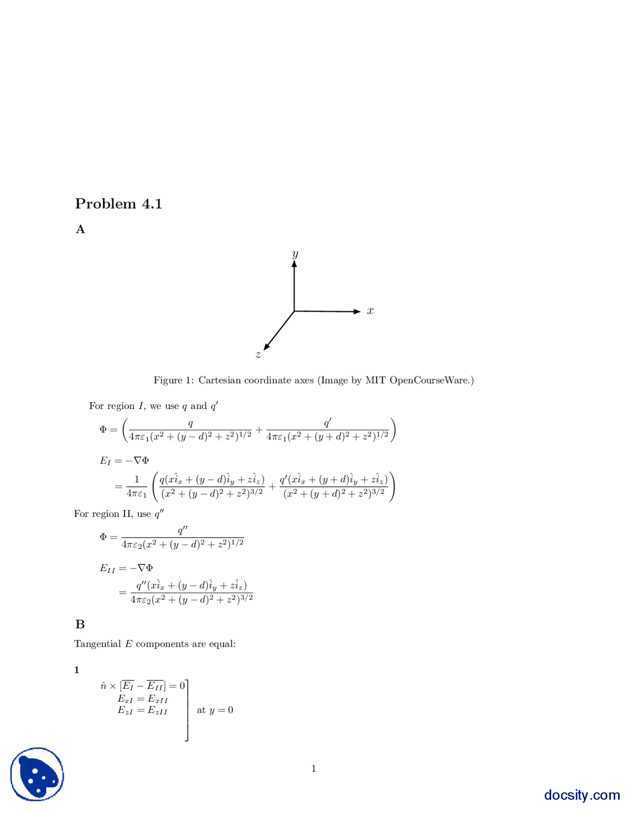 Cartesian Coordinate Aaxes Electromegnatic Field Assignment Docsity