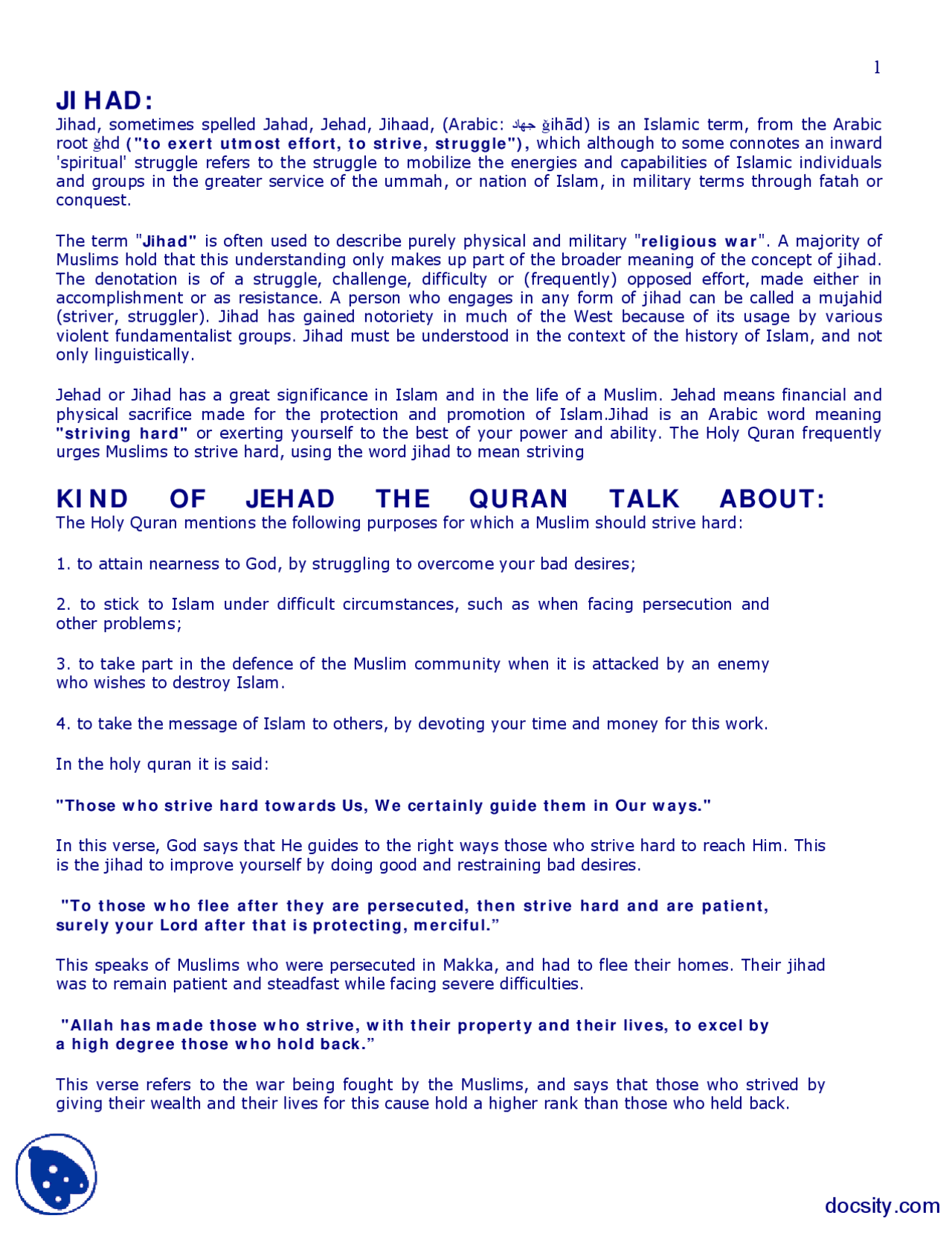 Jihad-Islamic Studies-Lecture Handout - Docsity