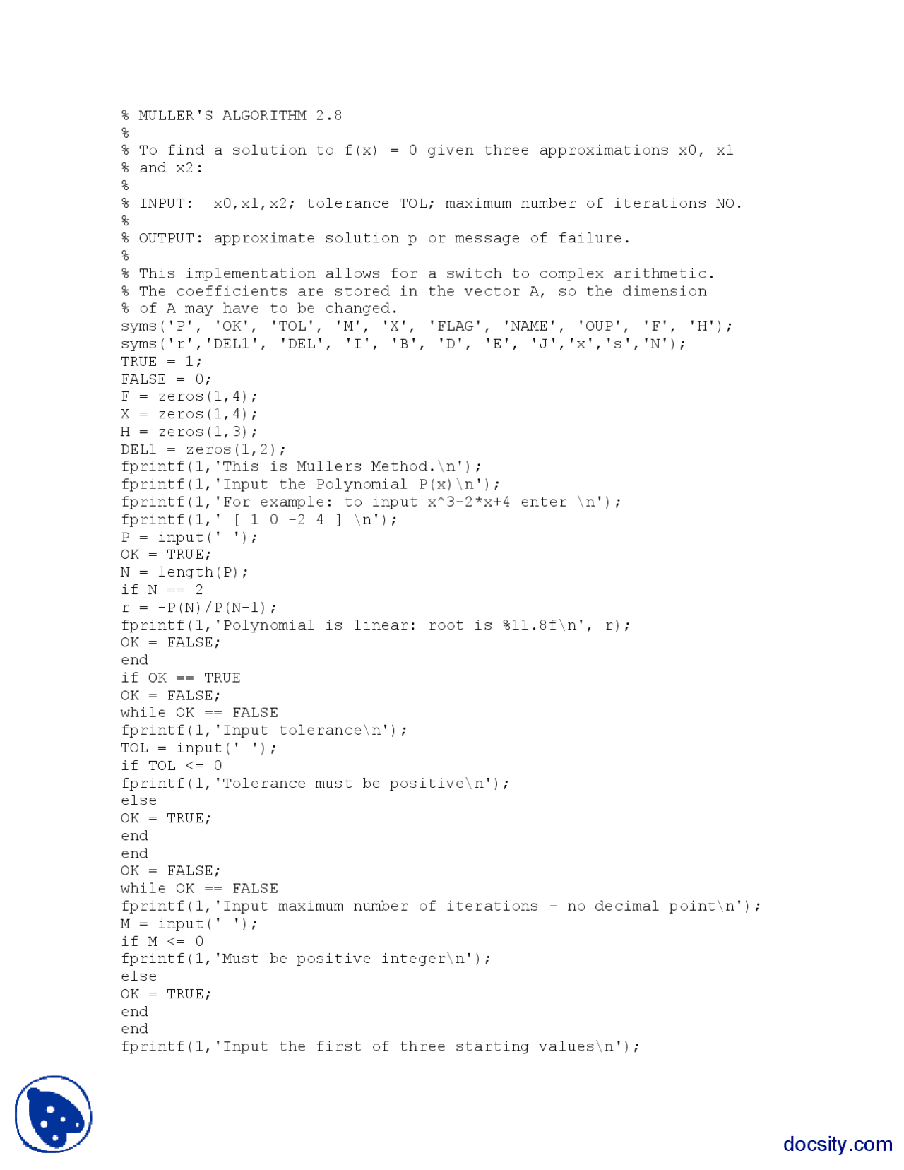 Muller Algorithm Numerical Analysis Matlab Code Exercises Mathematical Methods For Numerical