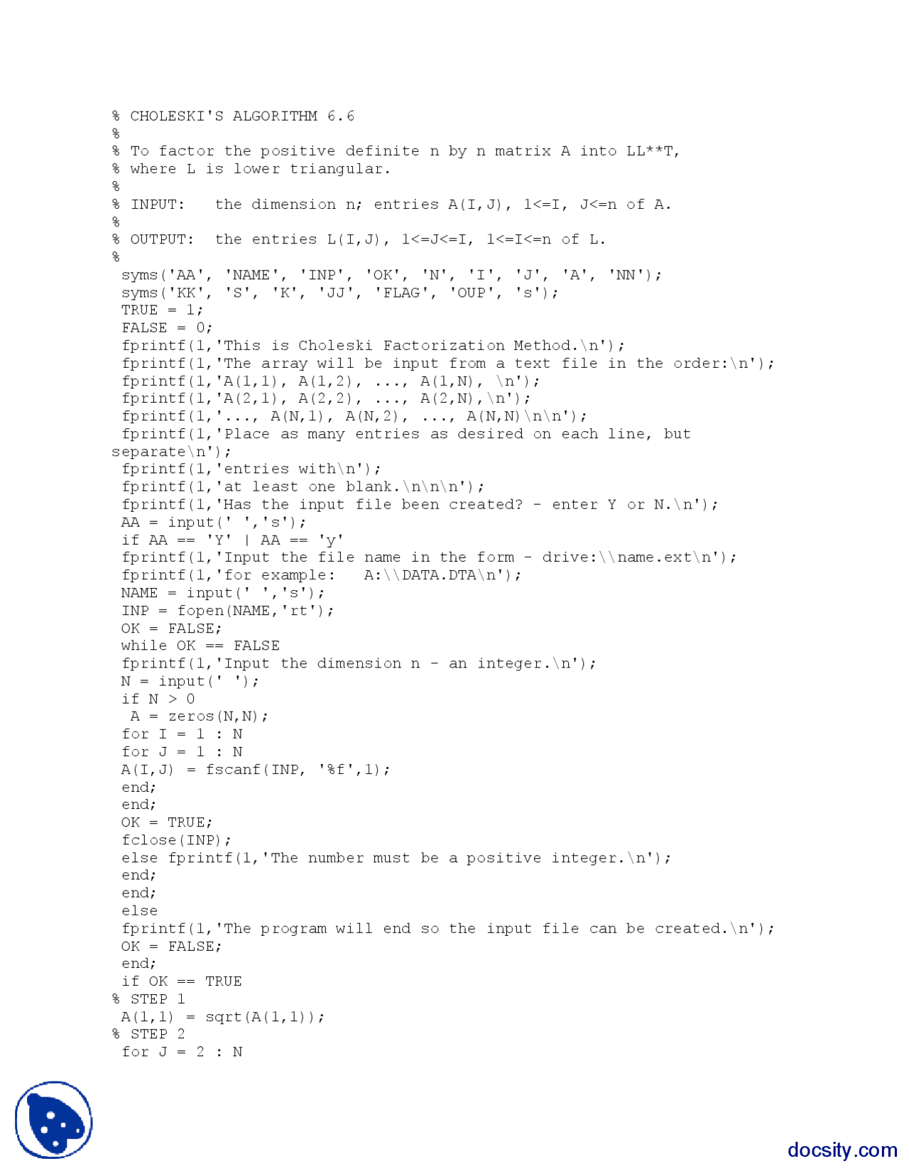 Choleski Algorithm Numerical Analysis Matlab Code Exercises Mathematical Methods For Numerical