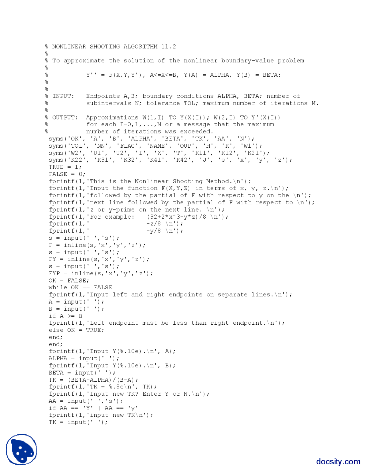 Non Linear Shooting Algorithm Boundary Value Problem Numerical Analysis Matlab Code Docsity
