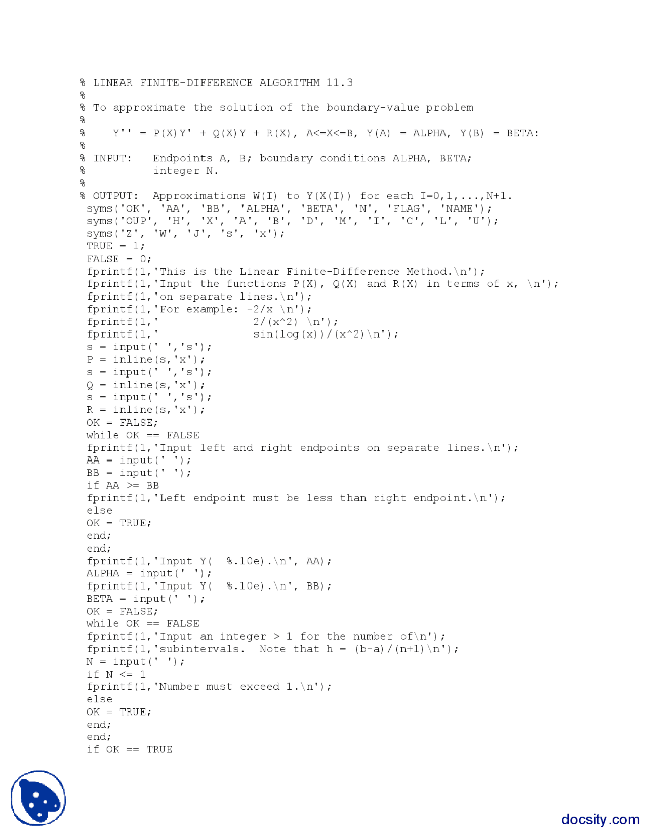 Linear Finite Difference Algorithm Numerical Analysis Matlab Code Docsity