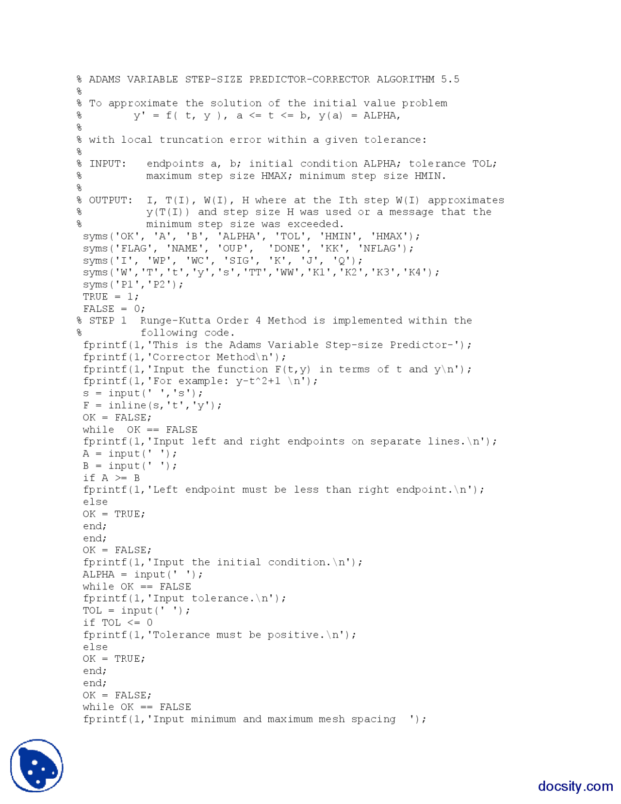 Adam Variable Step Size Predictor Corrector Method Numerical Analysis Matlab Code Docsity