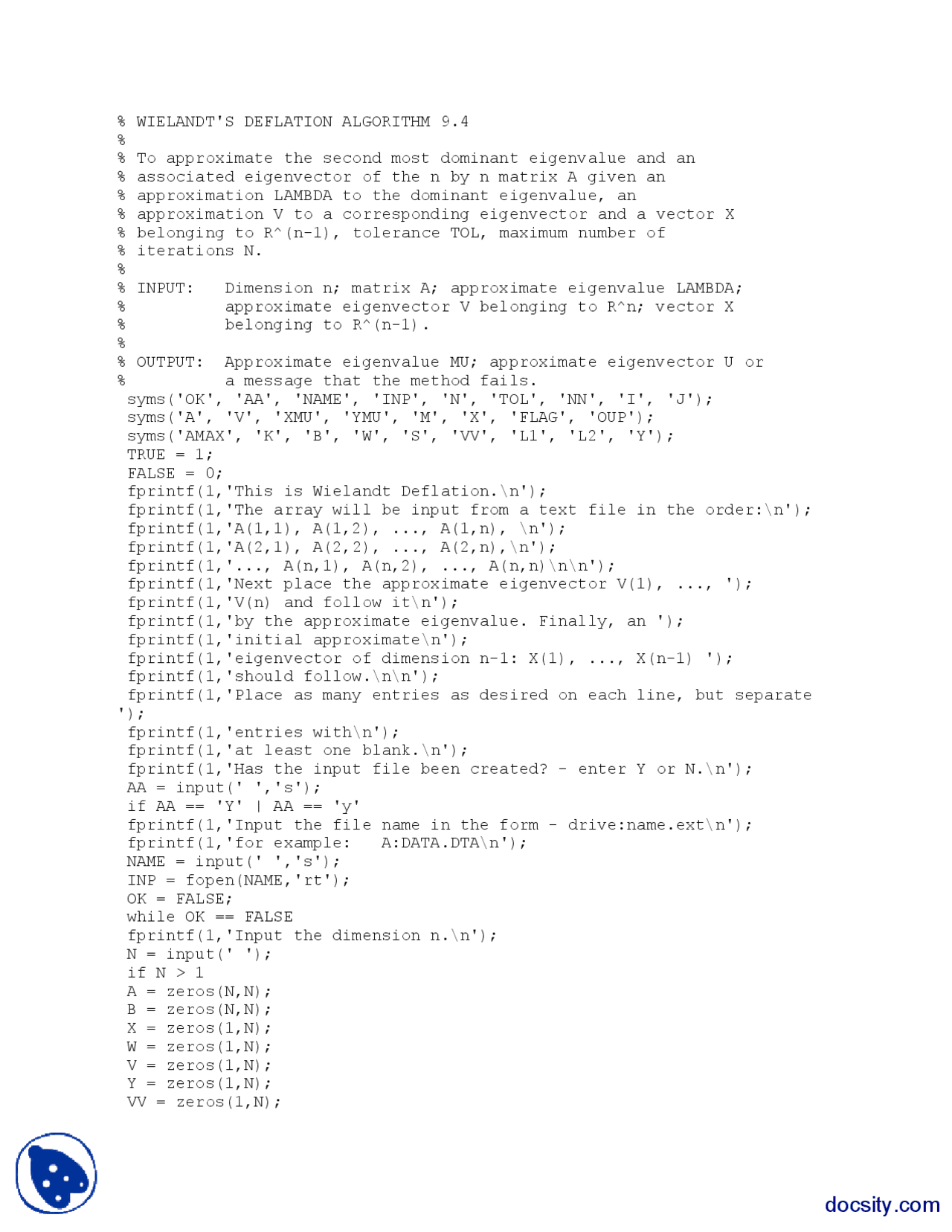 Wielandt Deflation Algorithm Numerical Analysis Matlab Code Exercises Mathematical Methods For