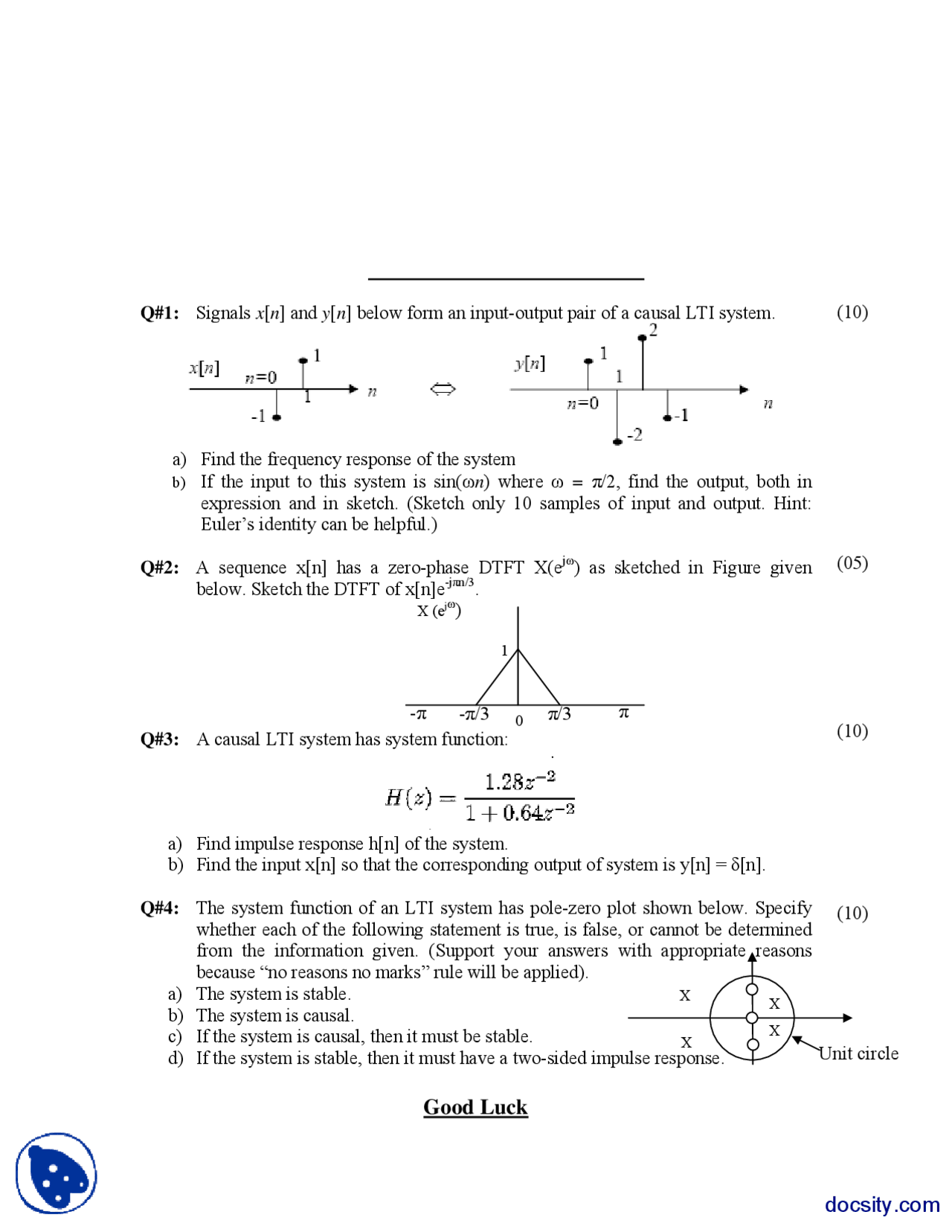 Frequency Response-Signals and Systems-Exam Paper - Docsity
