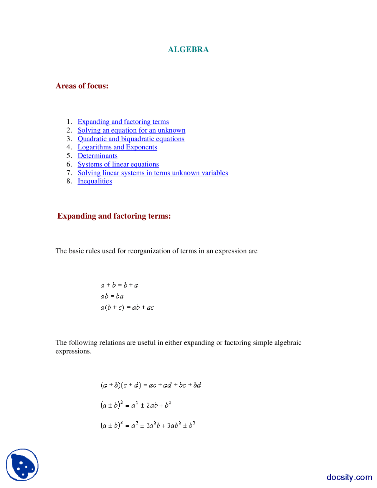 Algebra Mathmatics Lecture Handoit Docsity