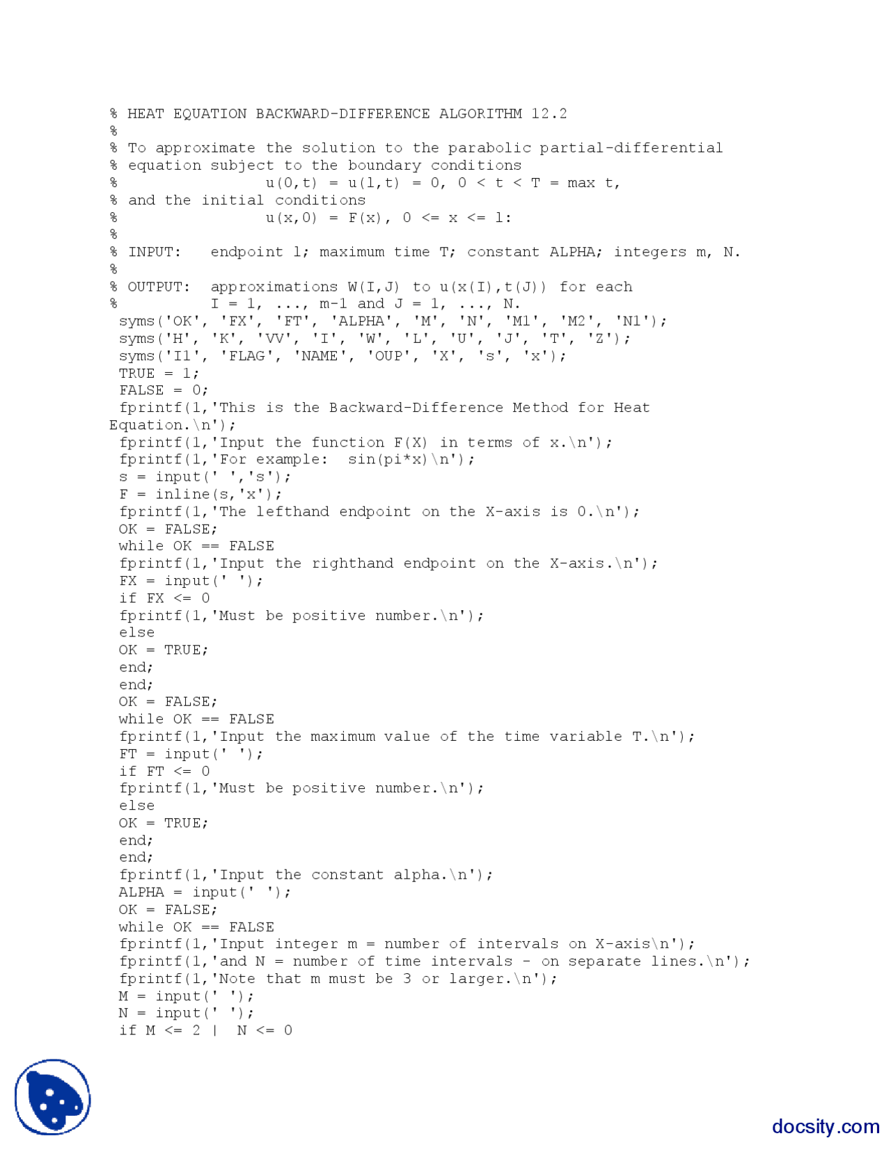Heat Equation Backward Difference Numerical Analysis Matlab Code Exercises Mathematical