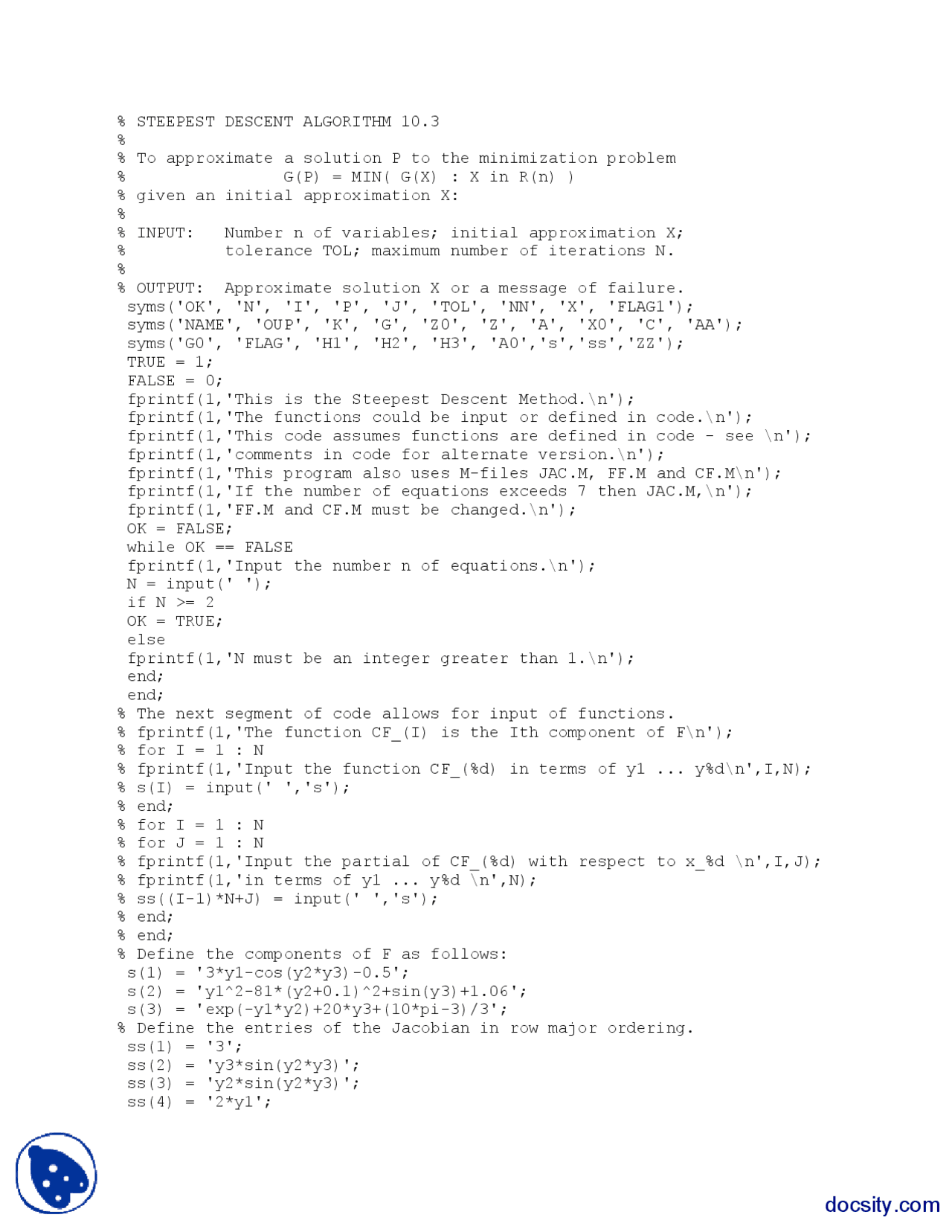 Steepest Descent Minimization Problem Numerical Analysis Matlab Code Docsity