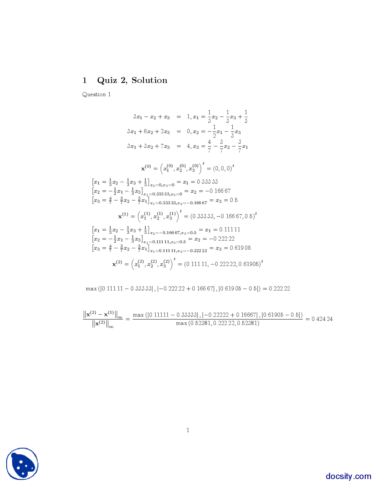 Iterative Methods Numerical Analysis Quiz Solution Docsity