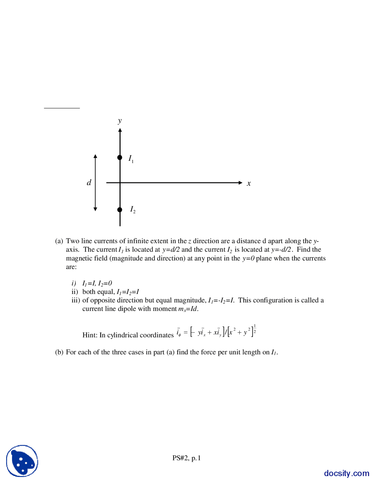 Line Currents Electromegnatic Field Assignment Docsity