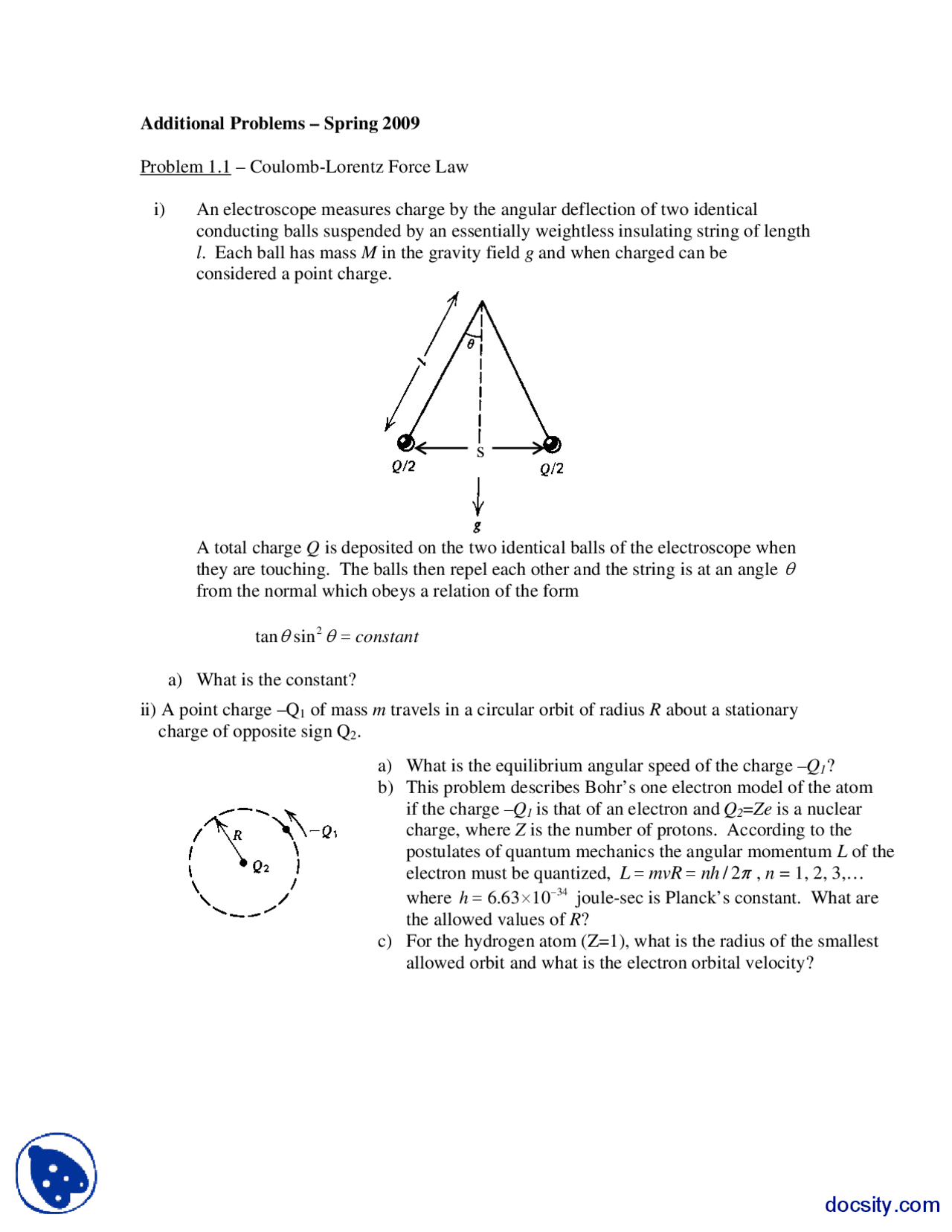 Coulomb Lorentz Force Law Electromegnatic Field Assignment Docsity
