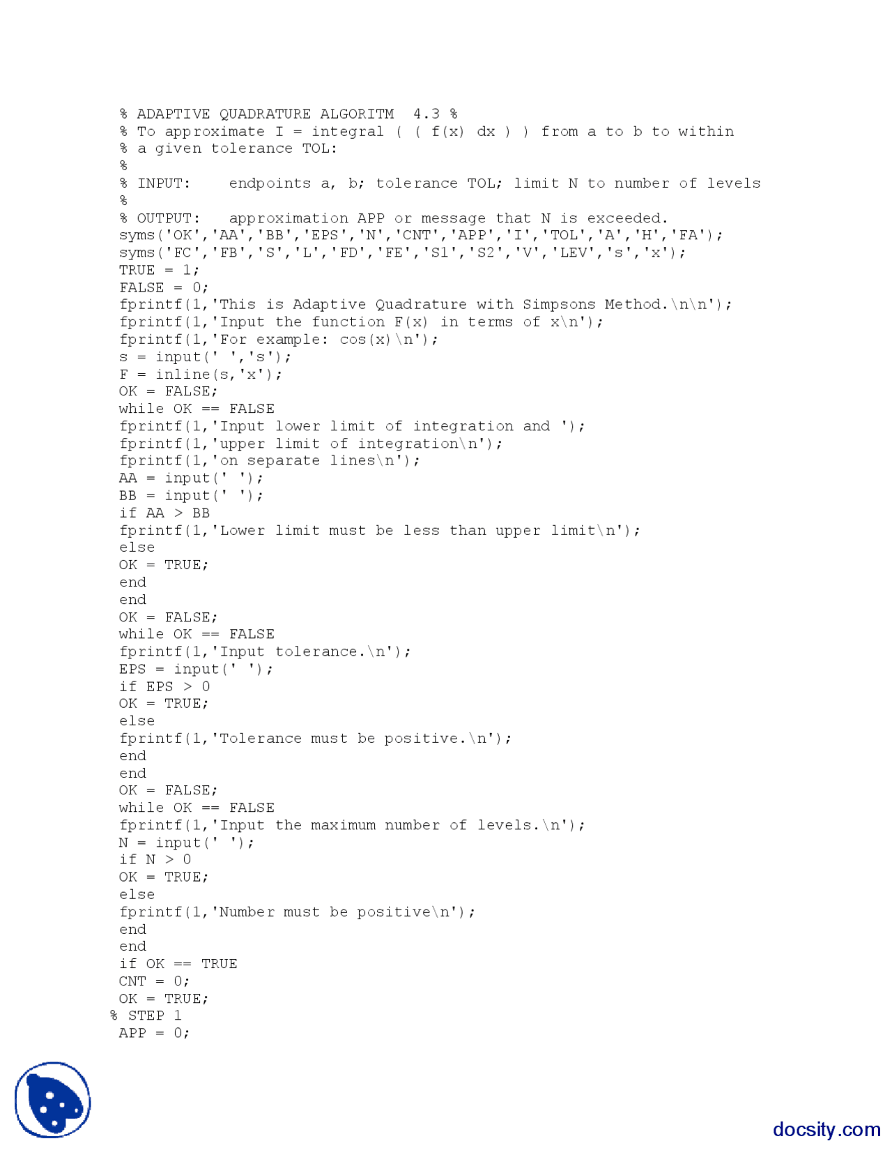 Adaptive Quadrature Algorithm Numerical Analysis Matlab Code Docsity