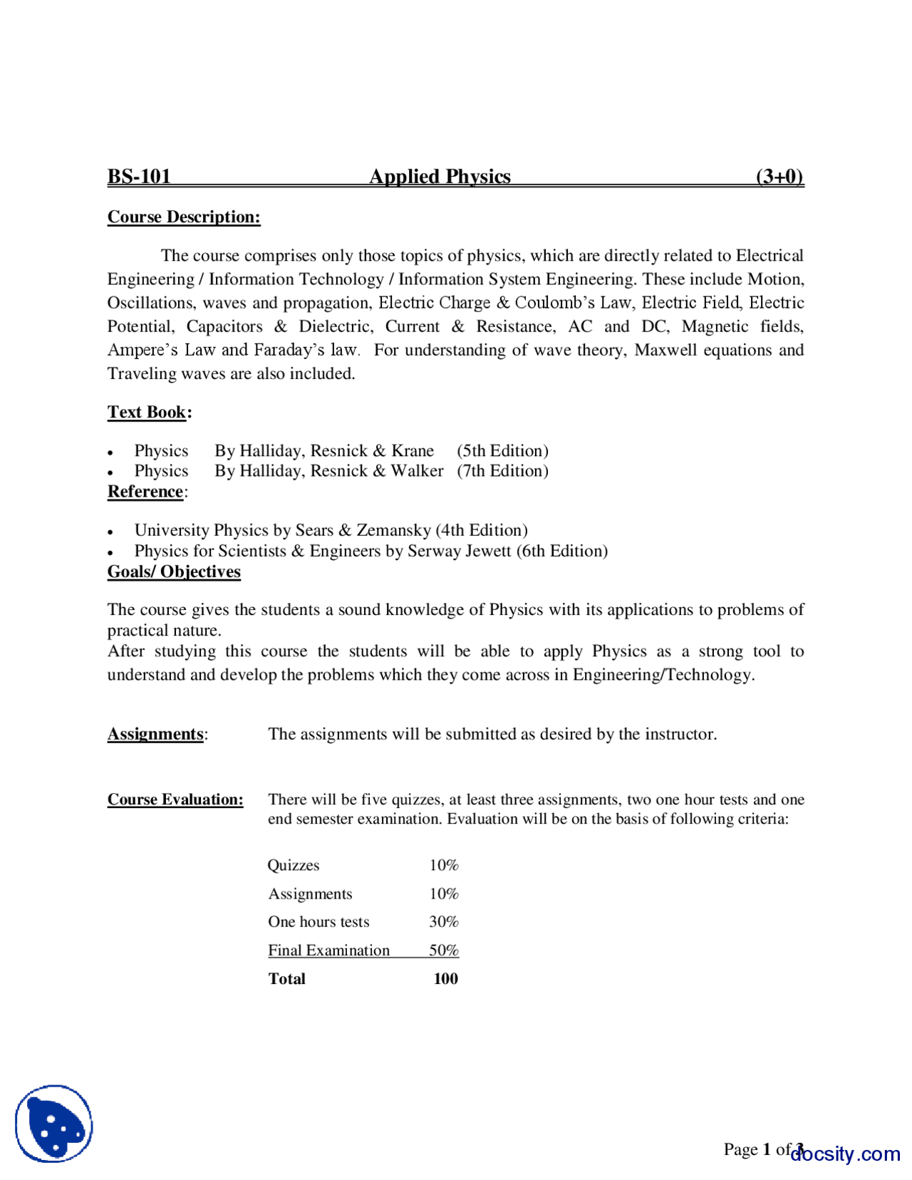 Course Description--Applied Physics-Course Outline - Docsity