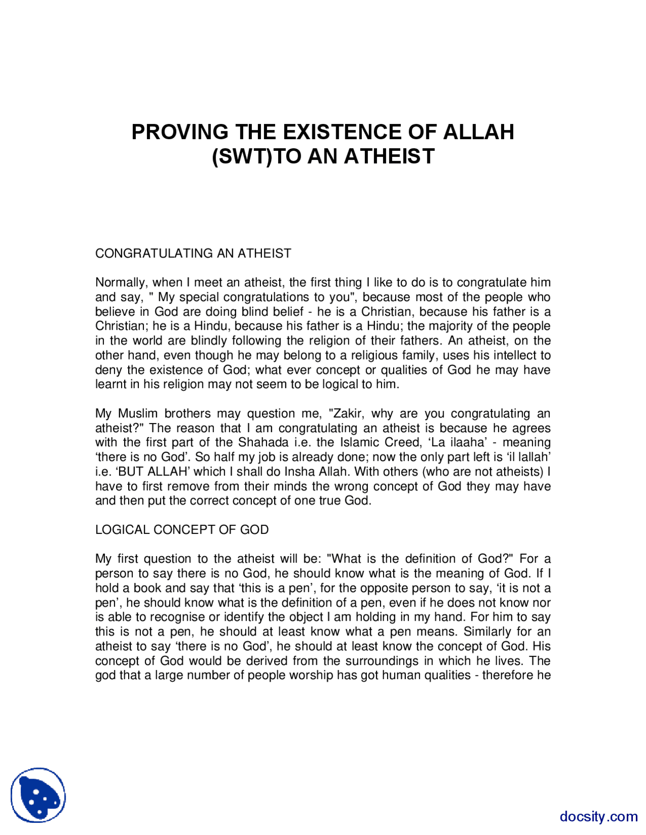 Proving the Existence of God-Islamic Studies-Lecture Handout - Docsity