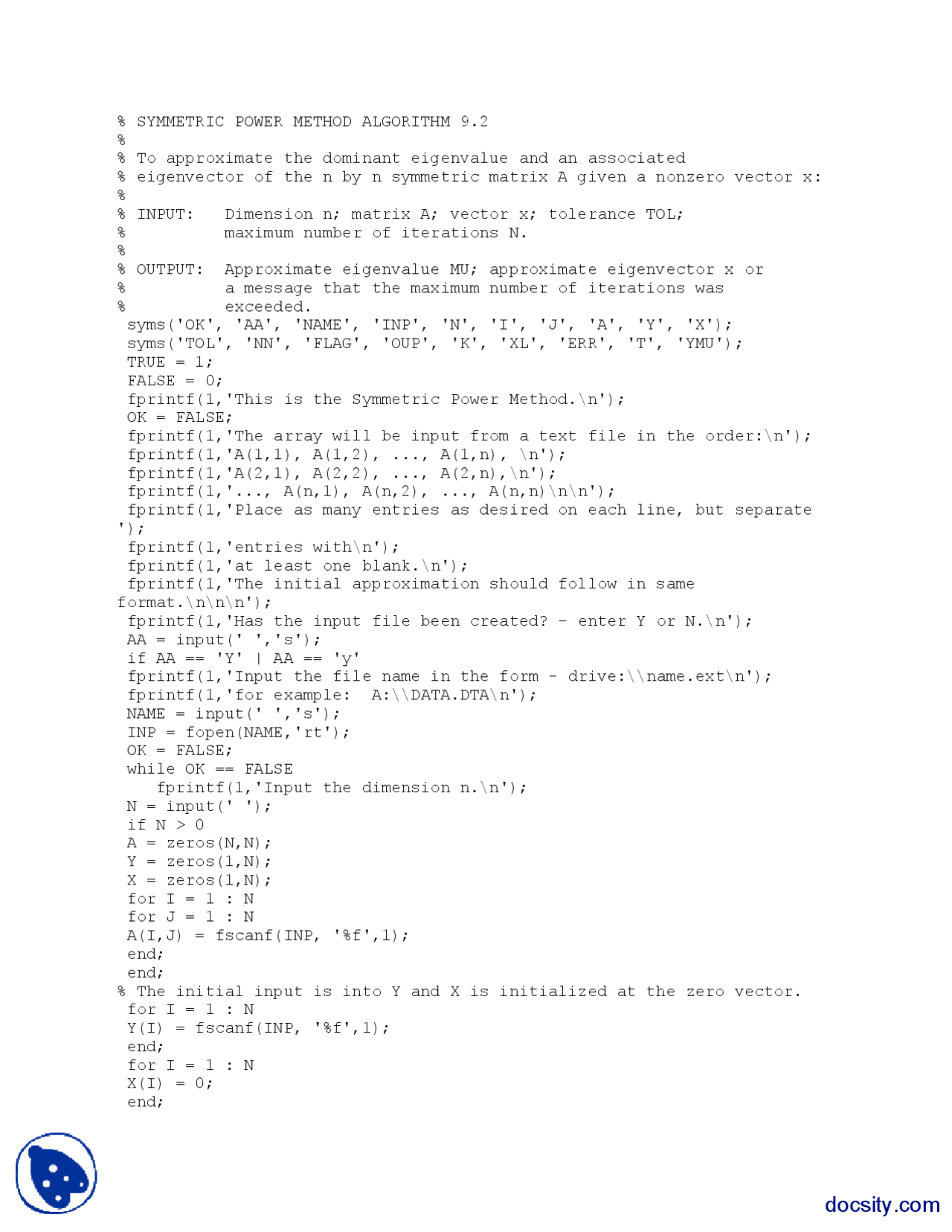 Symmetric Power Method Eigen Value Numerical Analysis Matlab Code Docsity