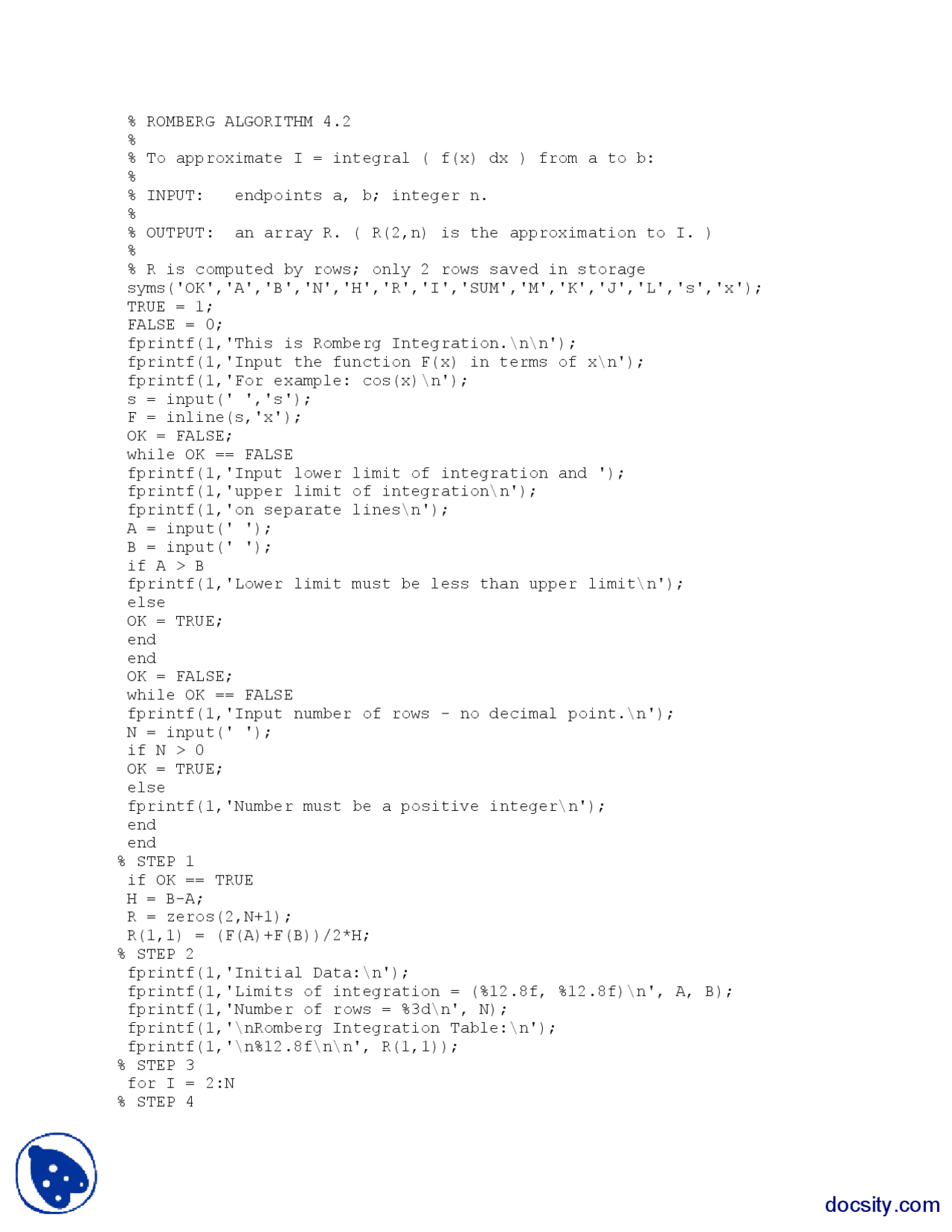 Romberg Algorithm Integral Numerical Analysis Matlab Code Exercises Mathematical Methods For