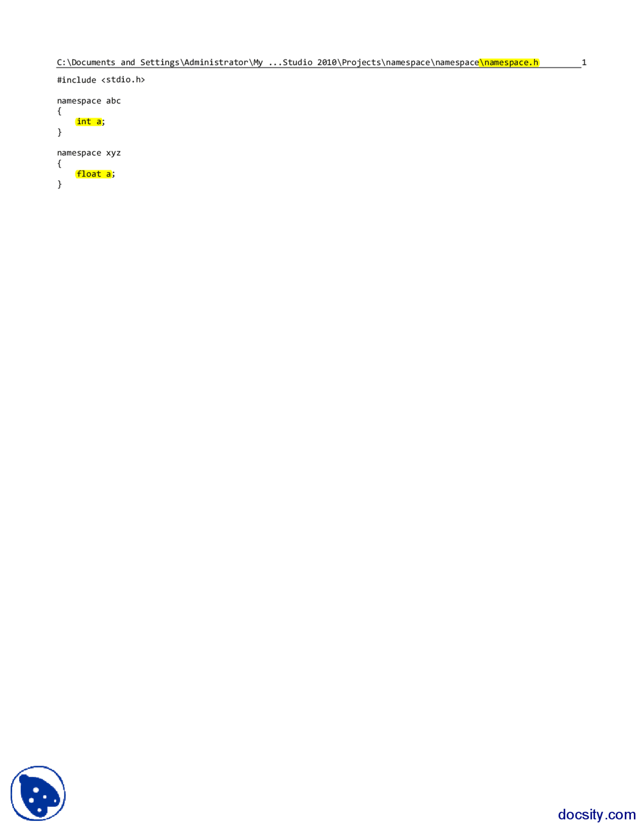 Name Space Object Oriented Programming Lecture Handout Docsity
