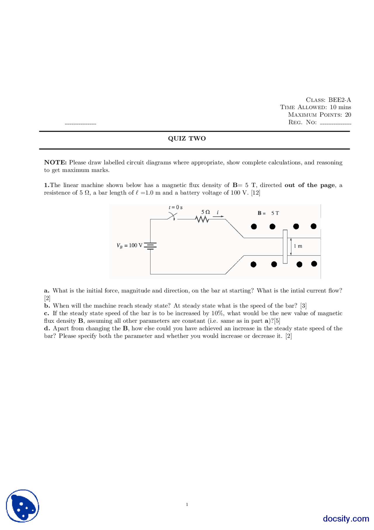 Linear Machine-Electro Mechanical Systems-Quiz - Docsity