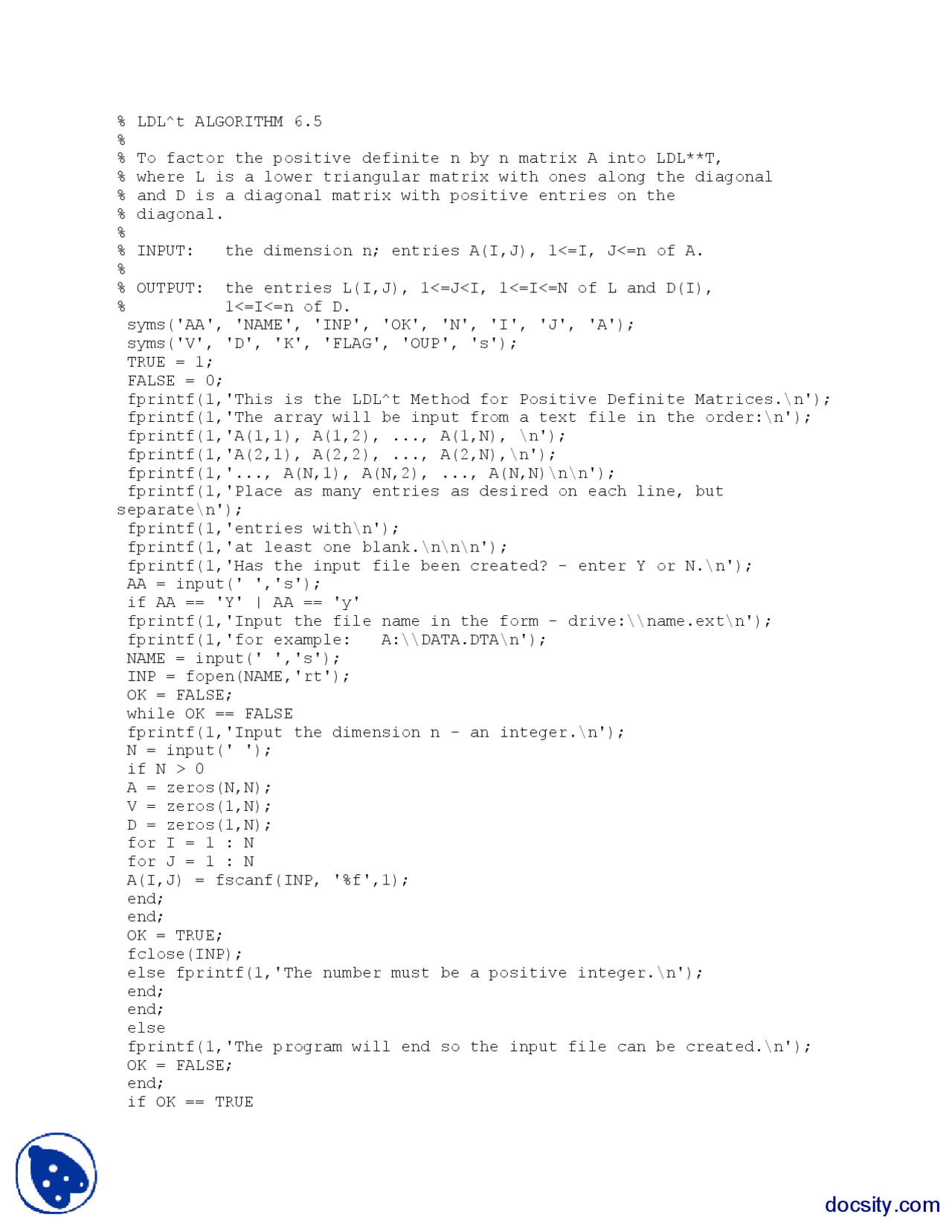 Ldl Algorithm Positive Definite Matrix Numerical Analysis Matlab Code Docsity