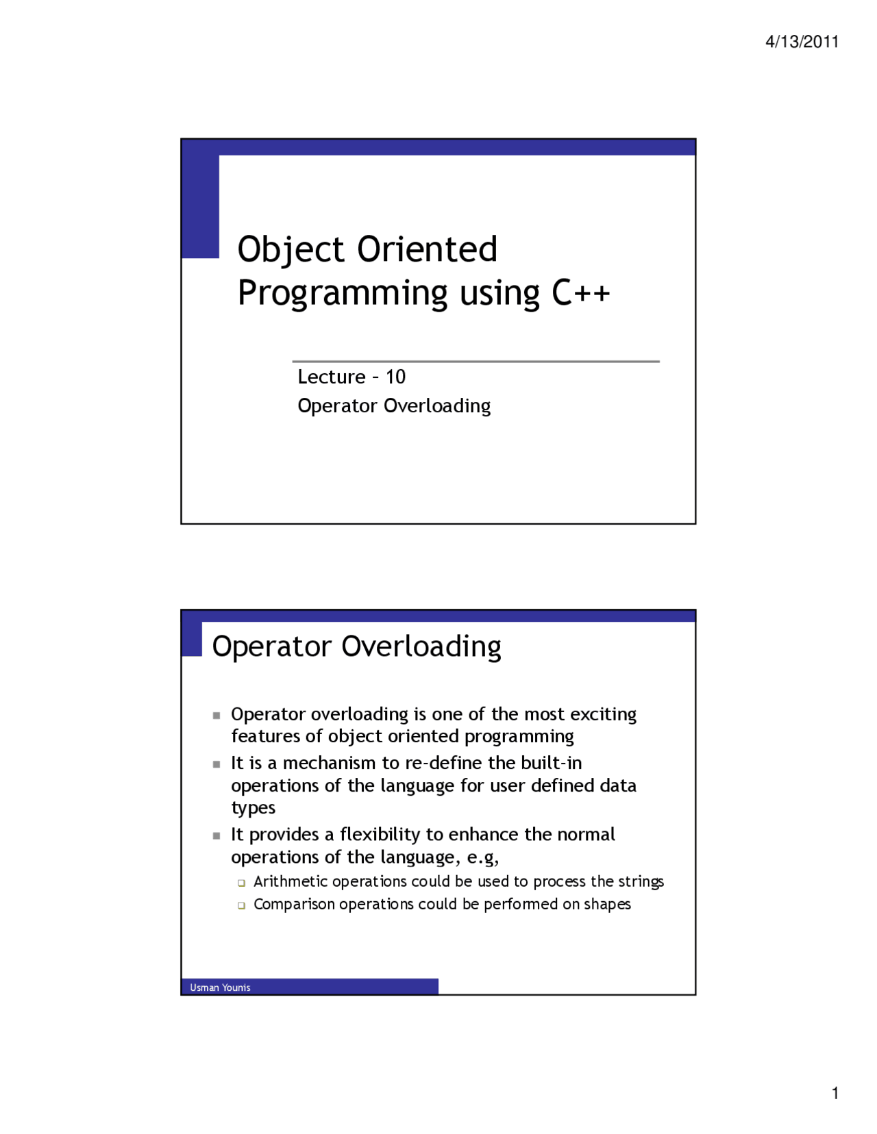 Operator Overloading Object Oriented Programming Lecture Slides Docsity 0842