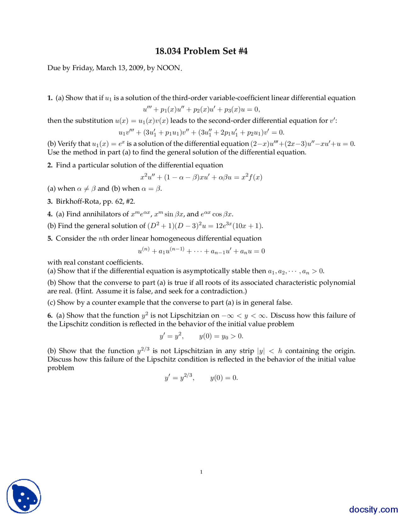 Third Order Variable Cooefficient-Differential Equations-Assignemnt and Solution - Docsity