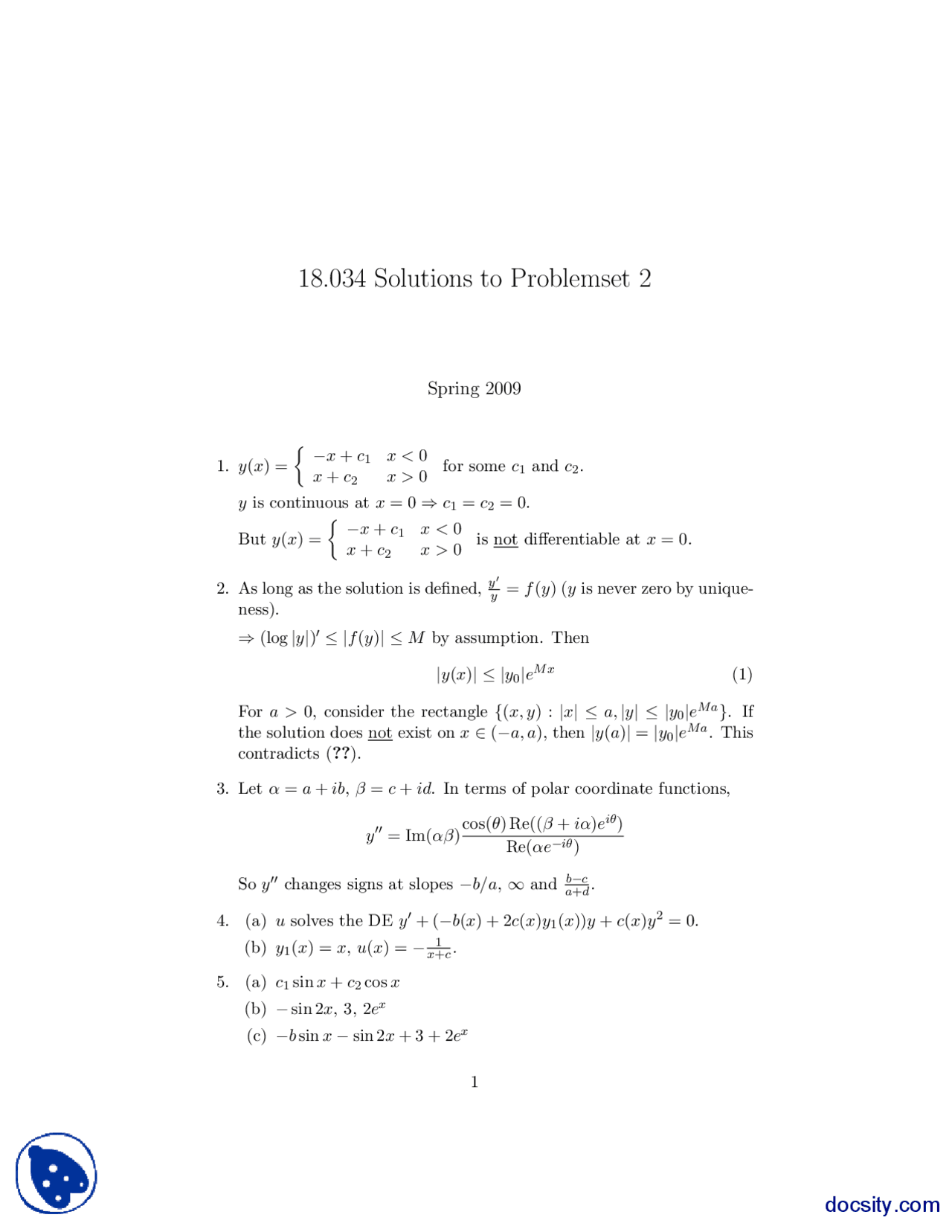 Constants in DEs Part 1-Differential Equations-Assignemnt and Solution - Docsity
