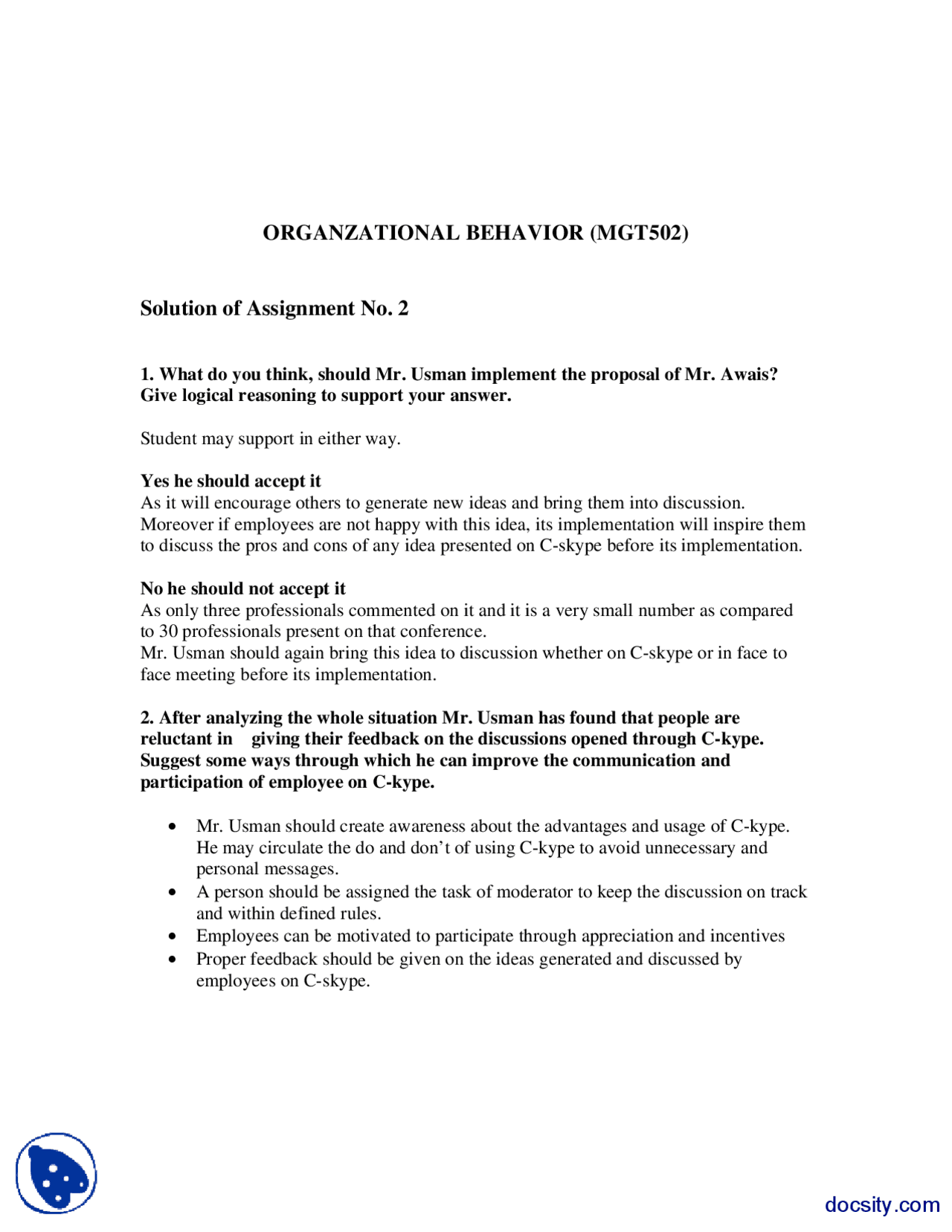 Organizational Behavior Management Assignment Solution Docsity