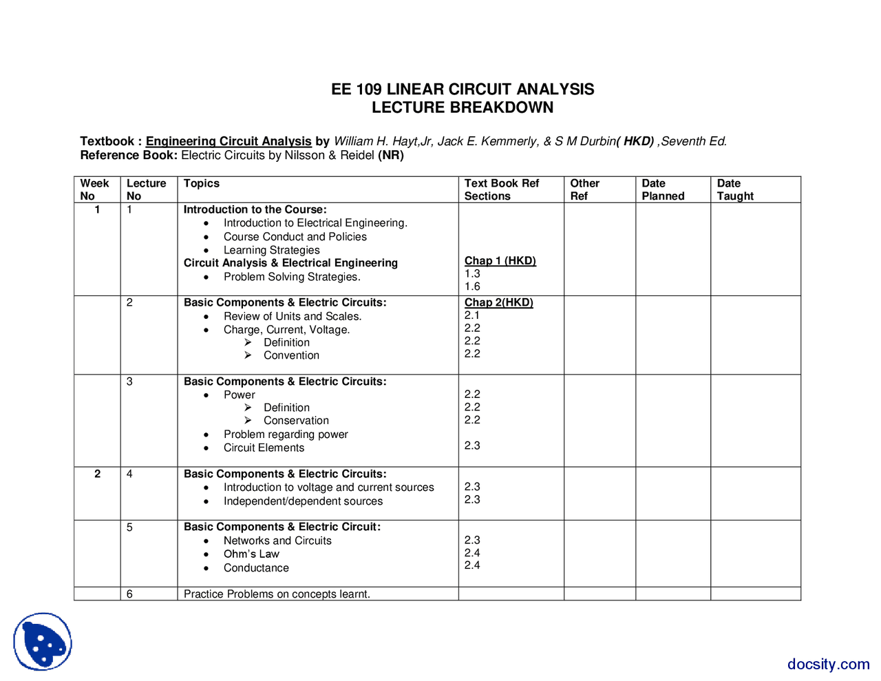 Lecture Breakdown-Linear Circuit Analysis-Course Outline | Lecture ...