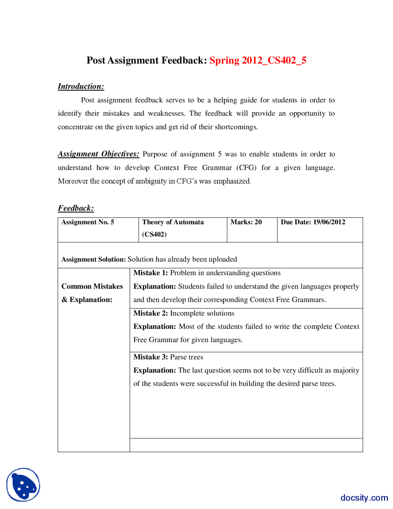 Context Free Grammar Post Assignment Feedback Theory Of Automata