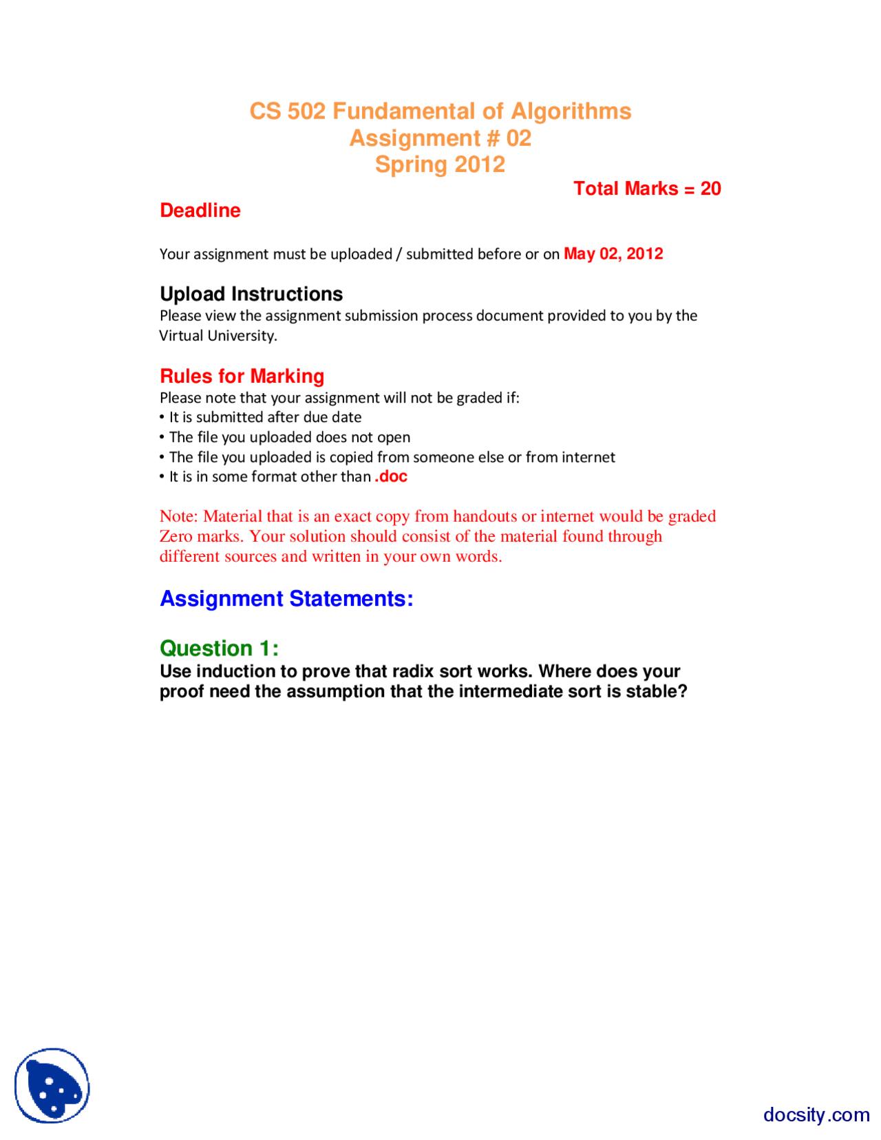 Radix Sort Proof Theory Of Automata Assignment Docsity