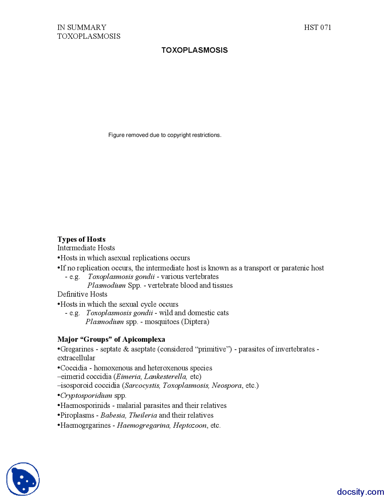 Toxoplasmosis Cancer Cytogenetic Lecture Handout Docsity