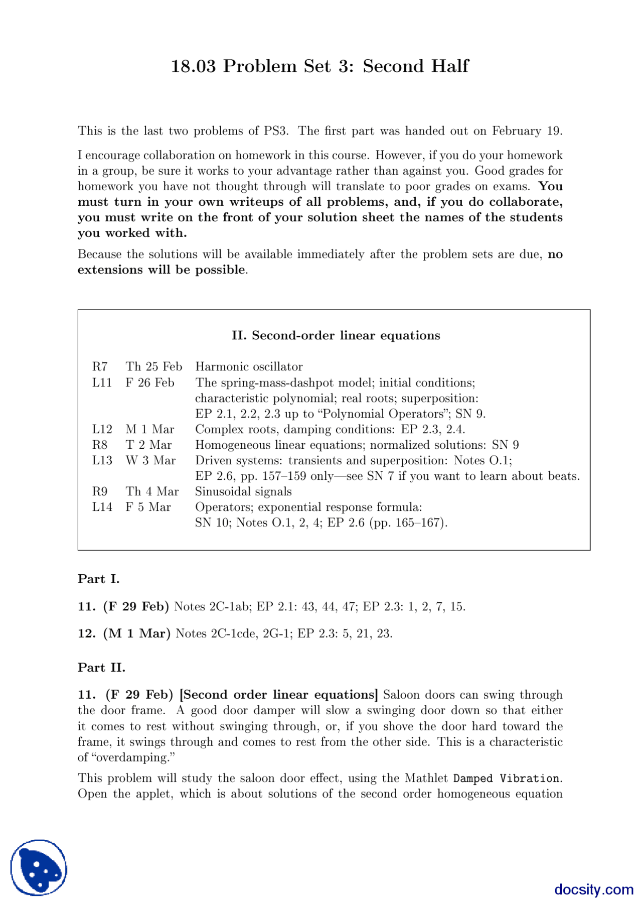 Second order Linear Equations-Differential Equations-Assignemnt and ...