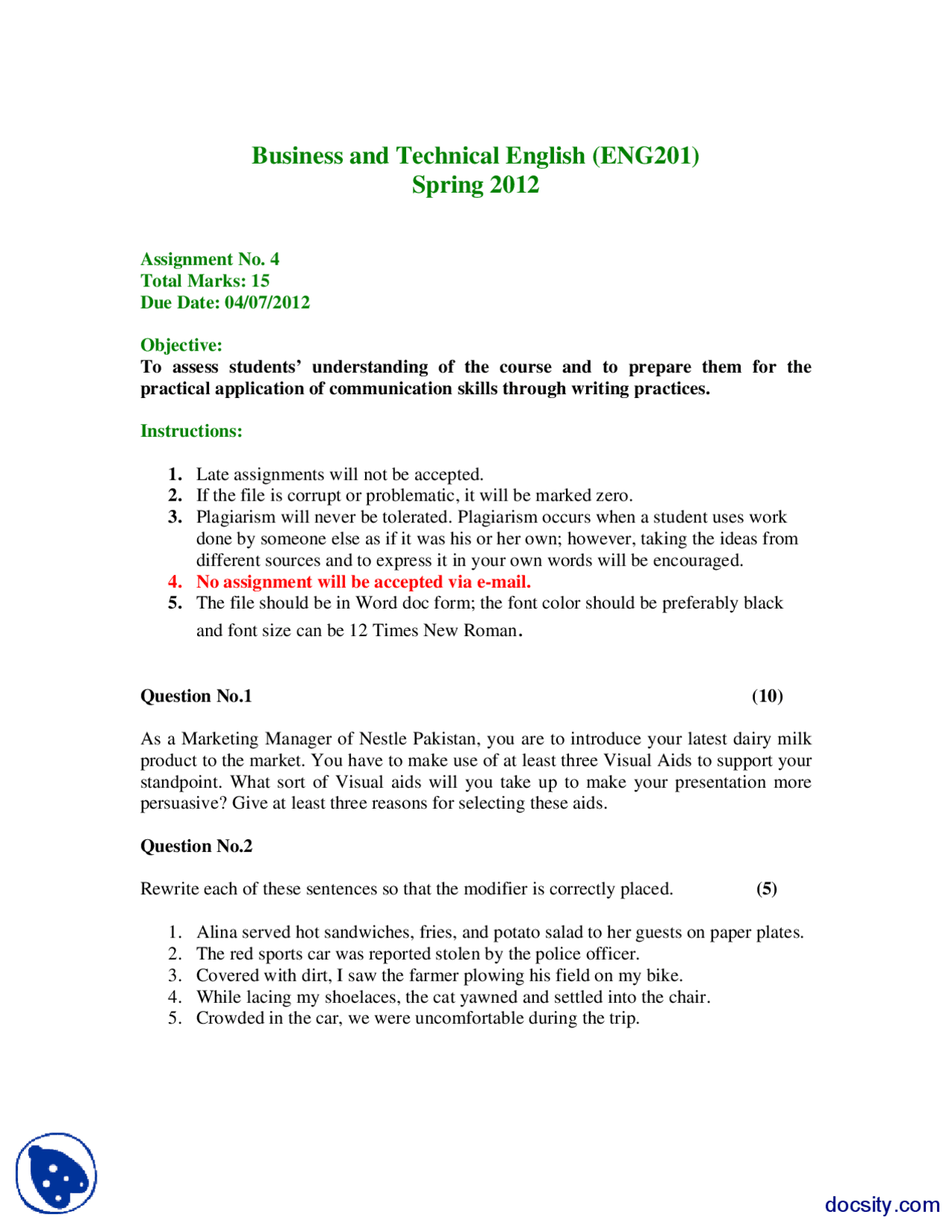 Visual Aids-Business Communication and English Language-Assignment ...