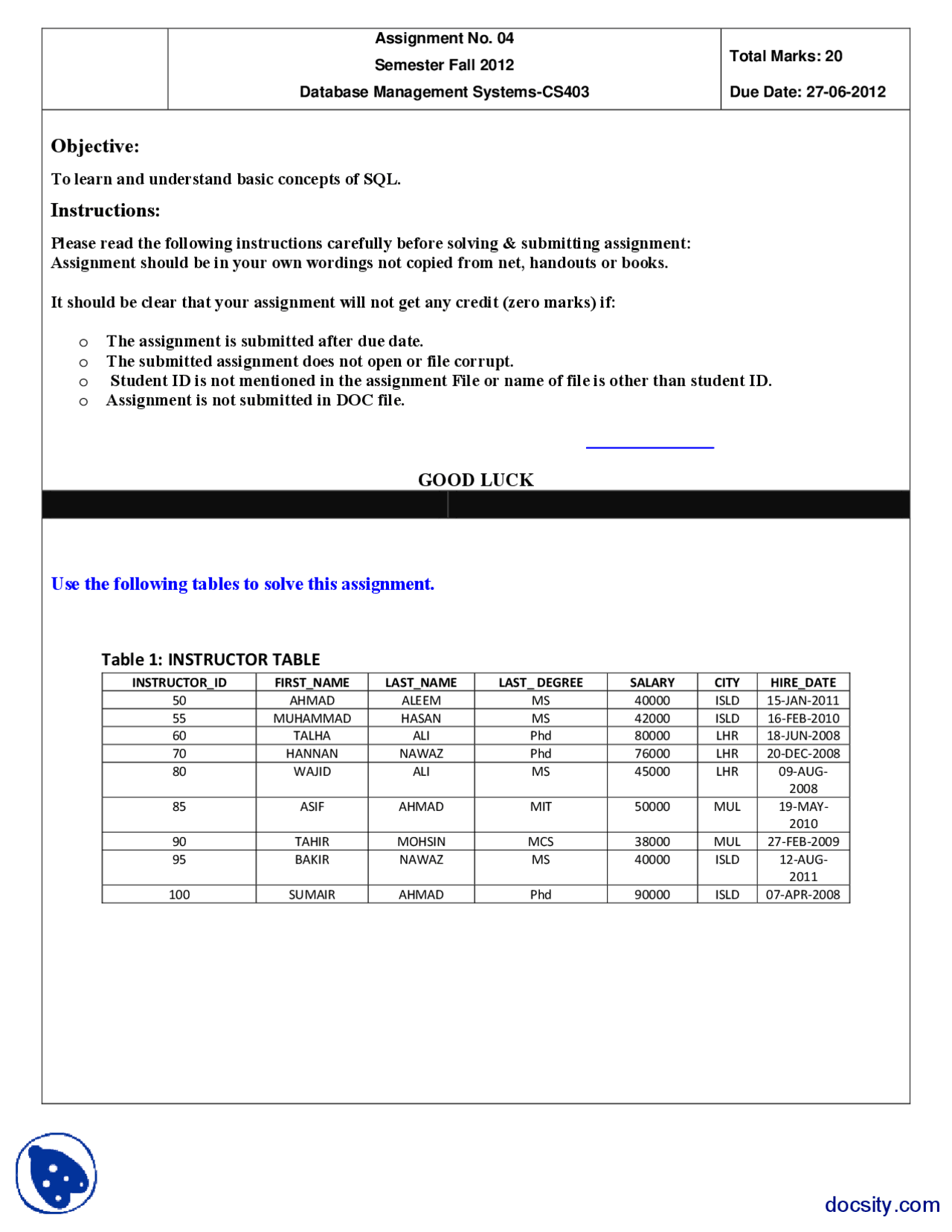 Sql Query Data Structure Assignment Exercises Data Structures And Algorithms Docsity