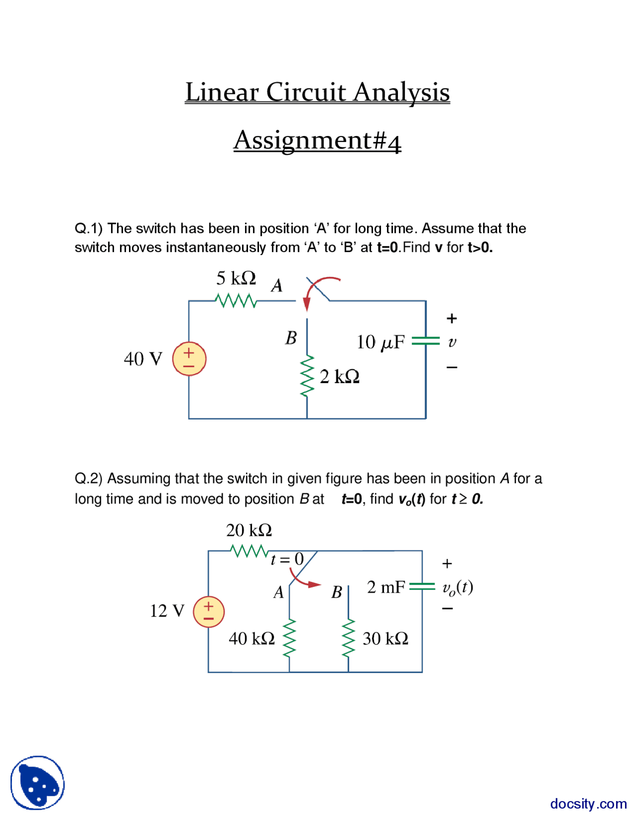 Initia Value Problems Linear Circuit Analysis Assignment Exercises