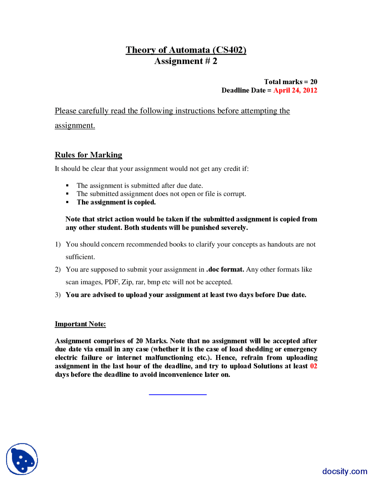 Deterministic Finite State Automata Theory Of Automata Assignment Docsity