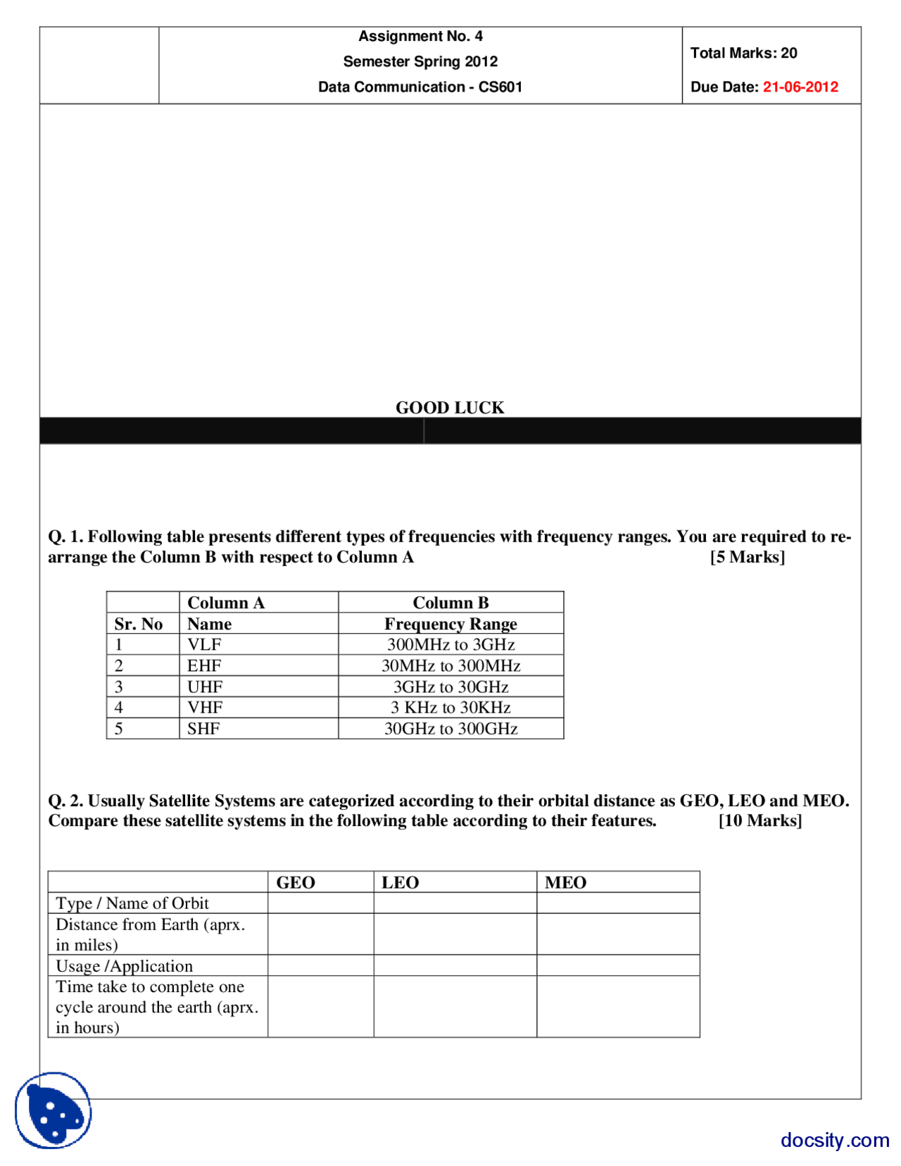 Satellite Systems, Frequencies-Computer Architecture and Assembly Language-Assignment - Docsity