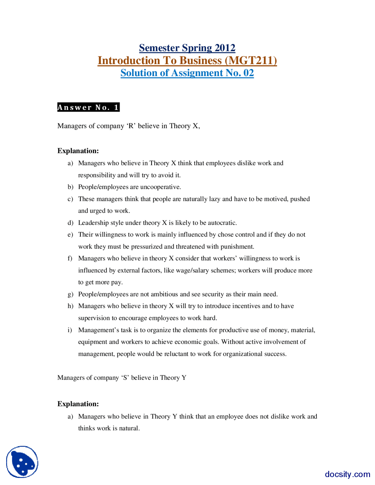 Introduction To Business Management Assignment Solution Docsity