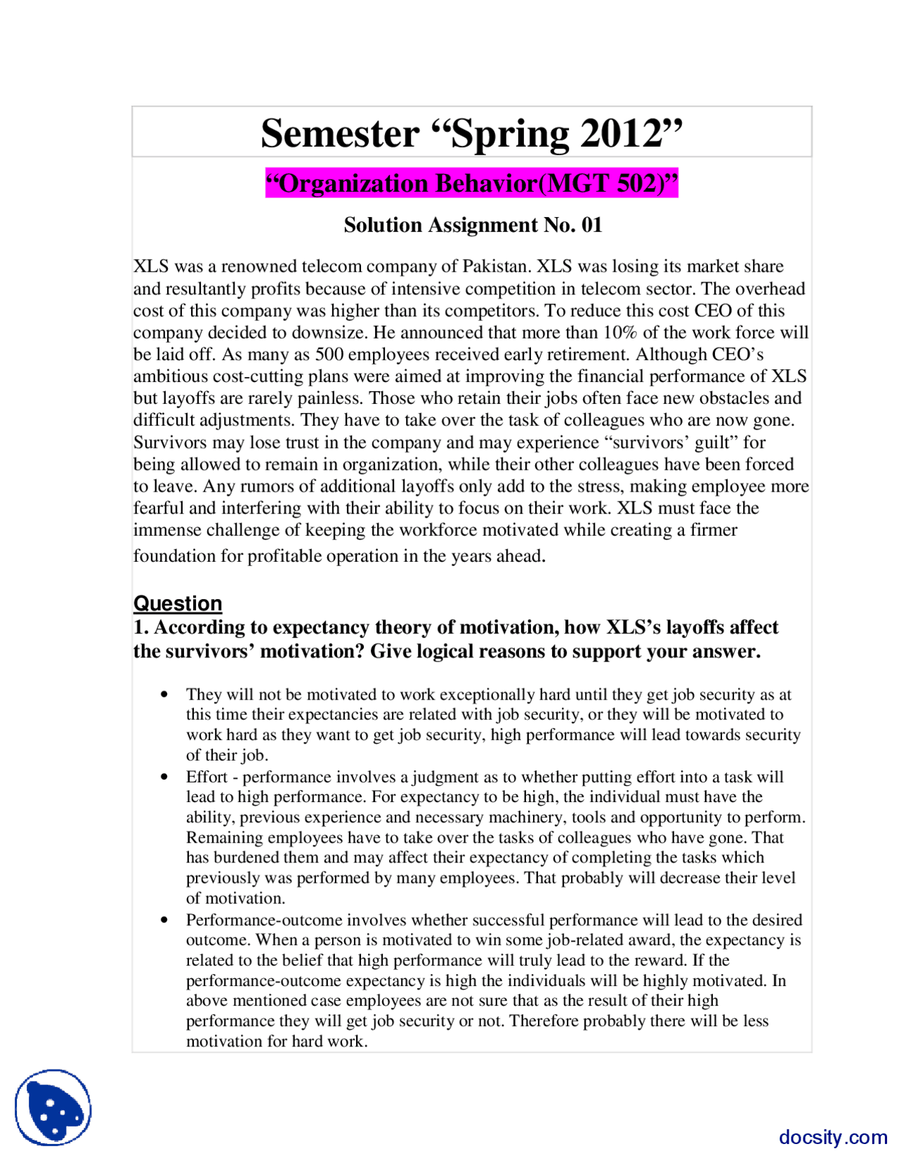 Organizational Behavior, XLS’s Layoffs Affect-Management-Assignment Solution - Docsity