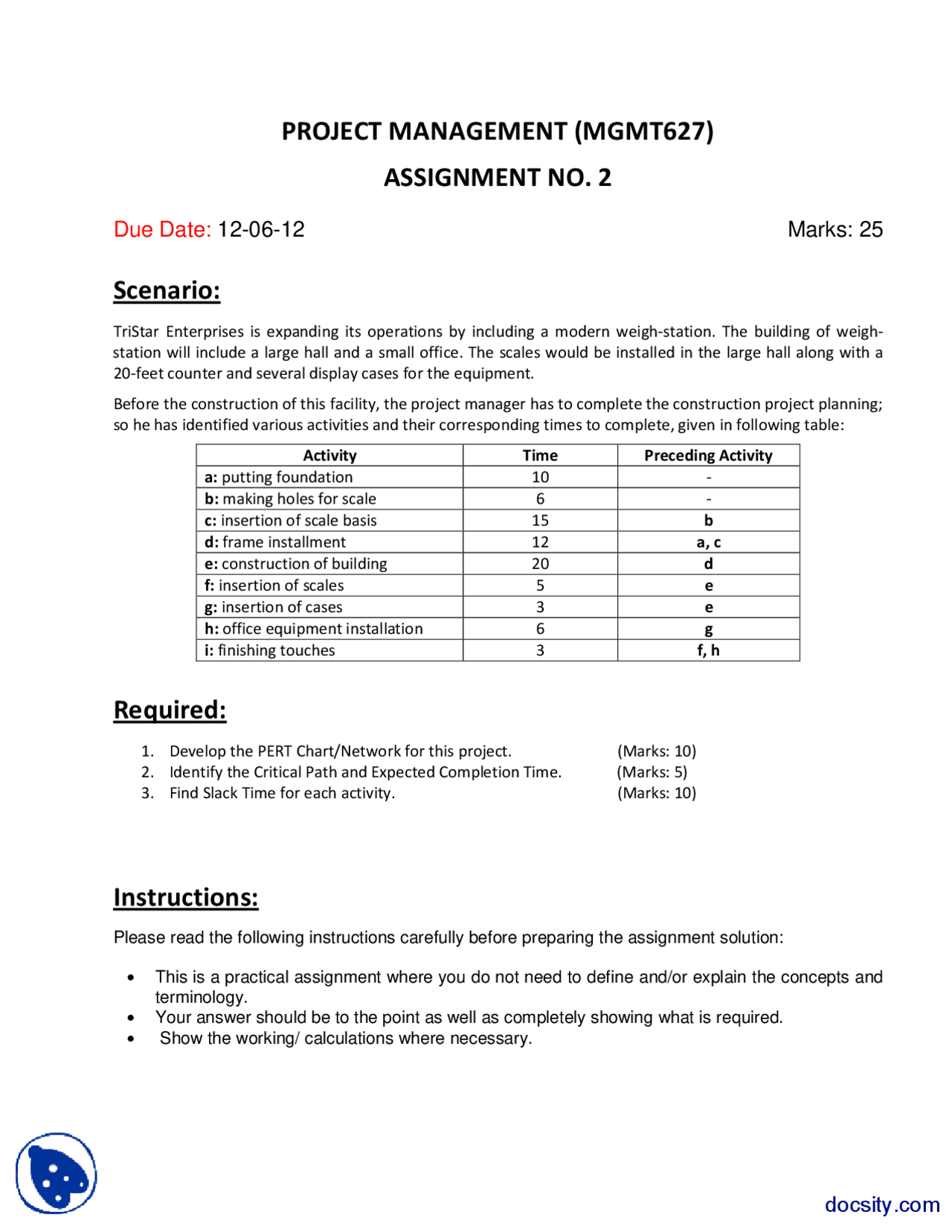PERT Chart And Slack Time-Management-Assignment | Exercises Business ...