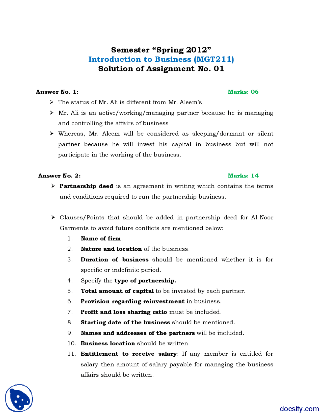 Introduction To Business And Partnership Management Assignment Solution