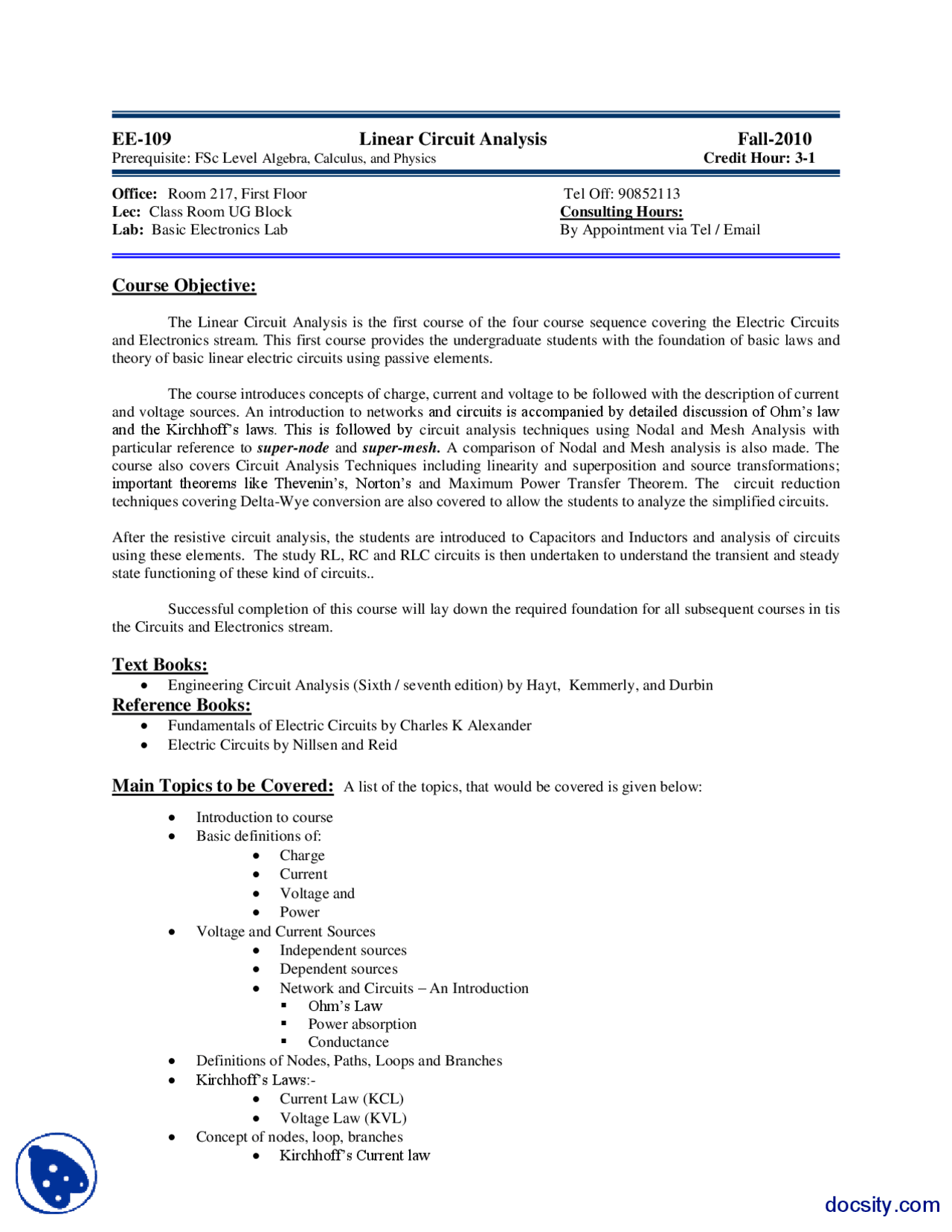 Course Description-Linear Circuit Analysis-Course Outline - Docsity