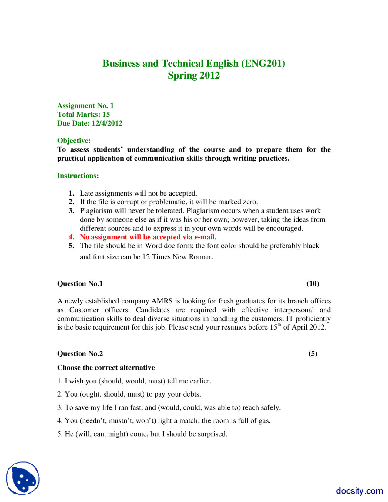 Resume Business Communication And English Language Assignment Docsity