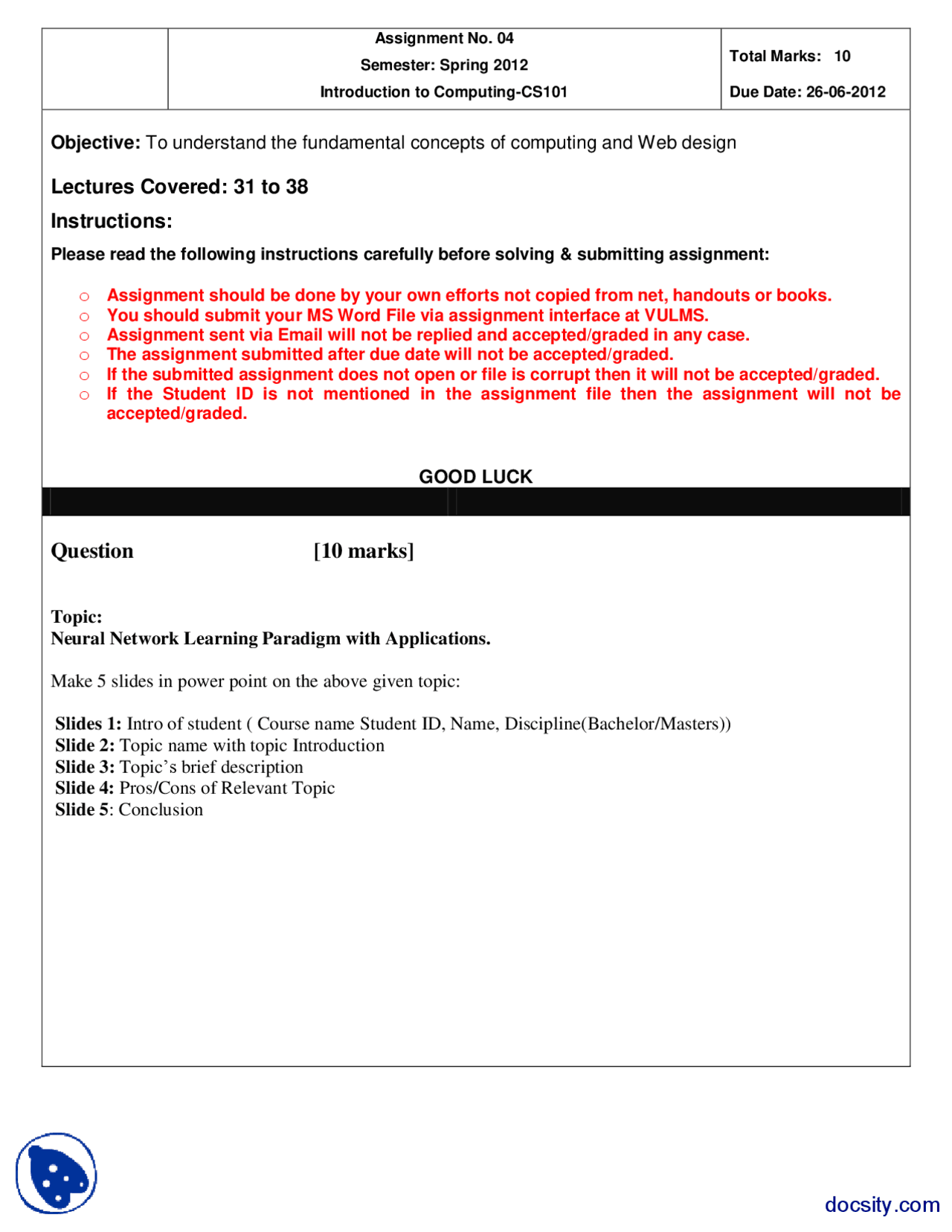 Neural Network Learning Paradigm With Applications Introduction To Computing Assignment Docsity