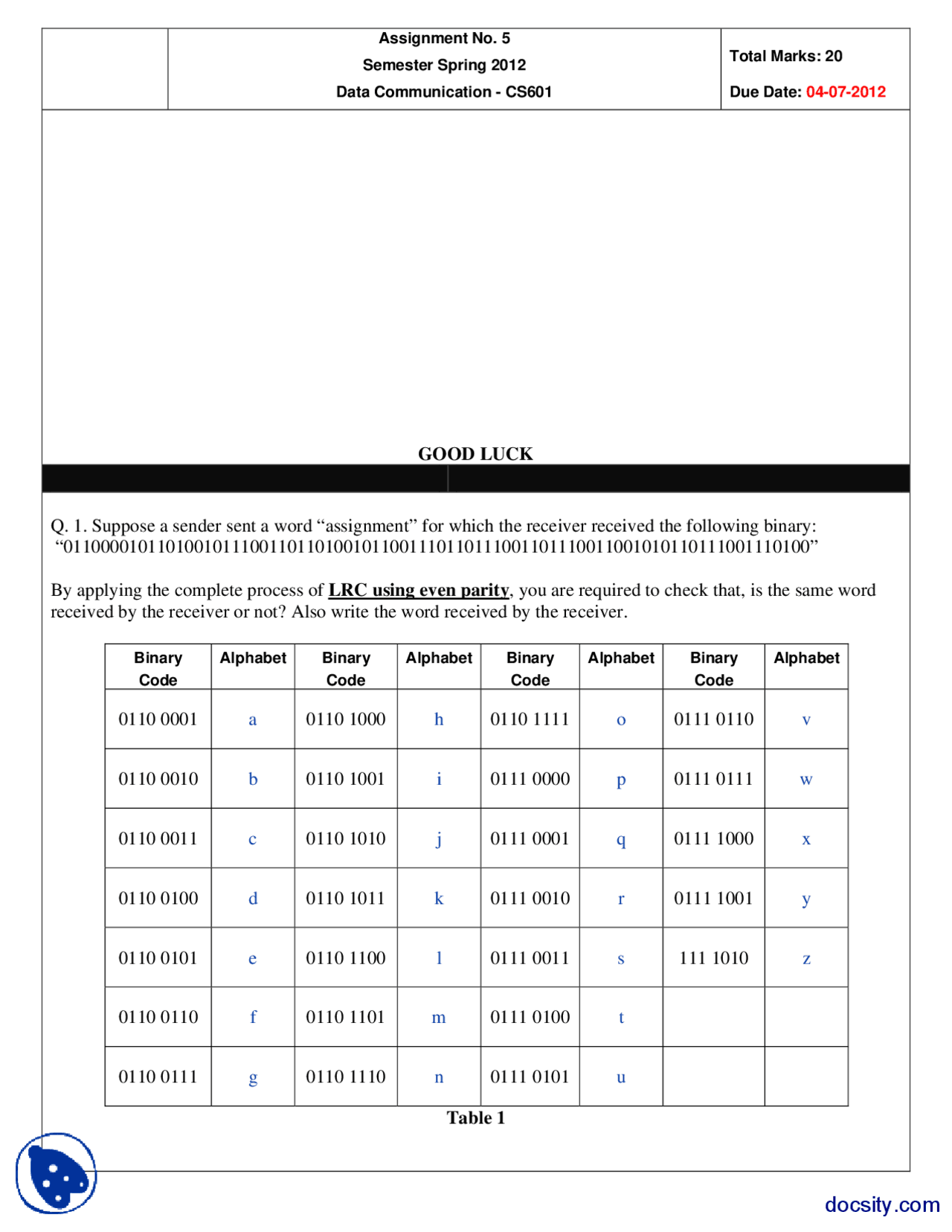 Lrc Using Even Parity Binary Conversion Data Communcation And Networks Assignment Solution