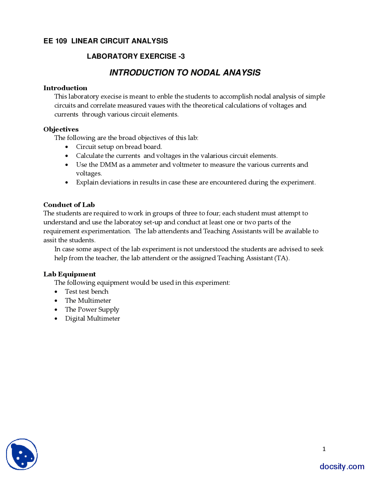 Nodal Analysis Linear Circuit Analysis Lab Mannual Exercises