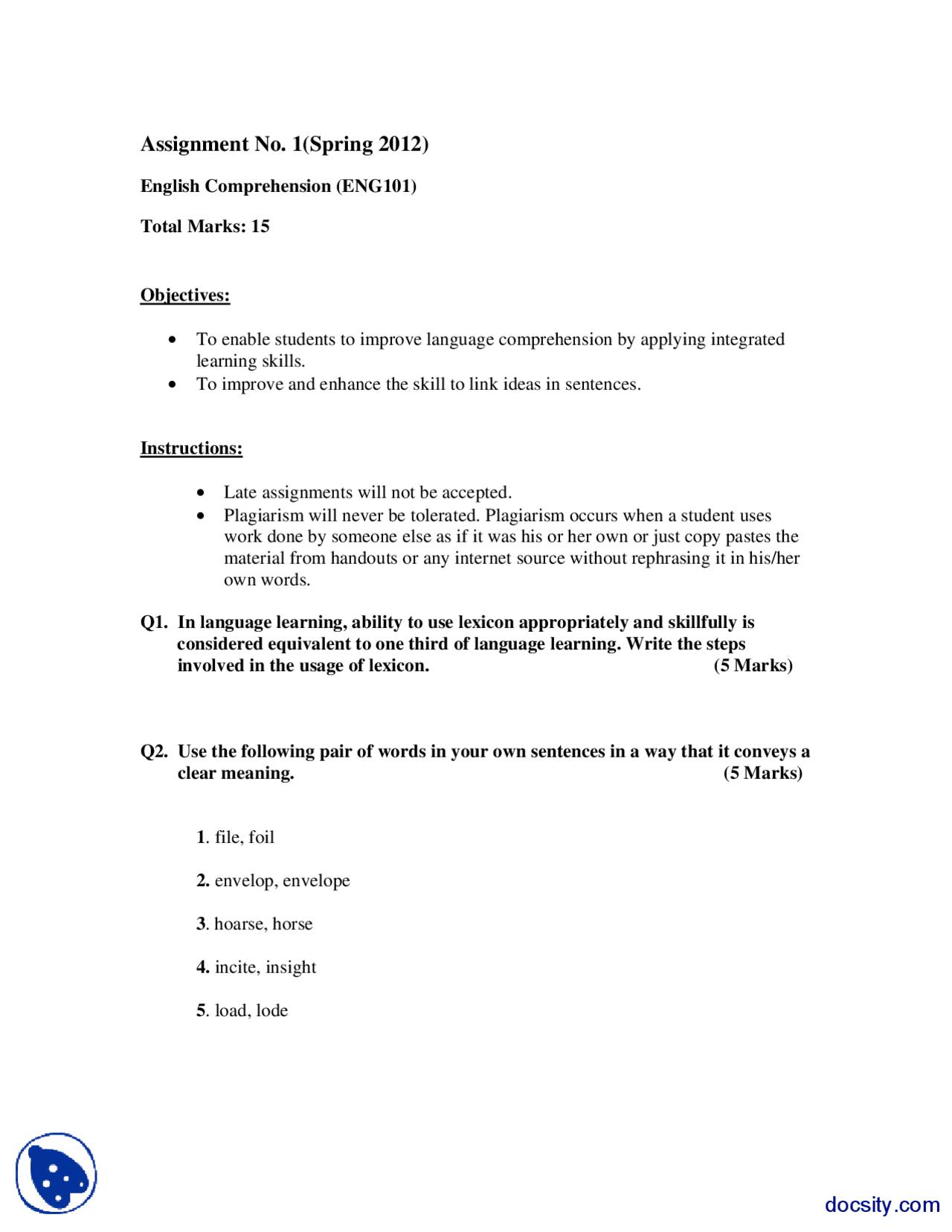 Lexicon Business Communication And English Language Assignment Docsity