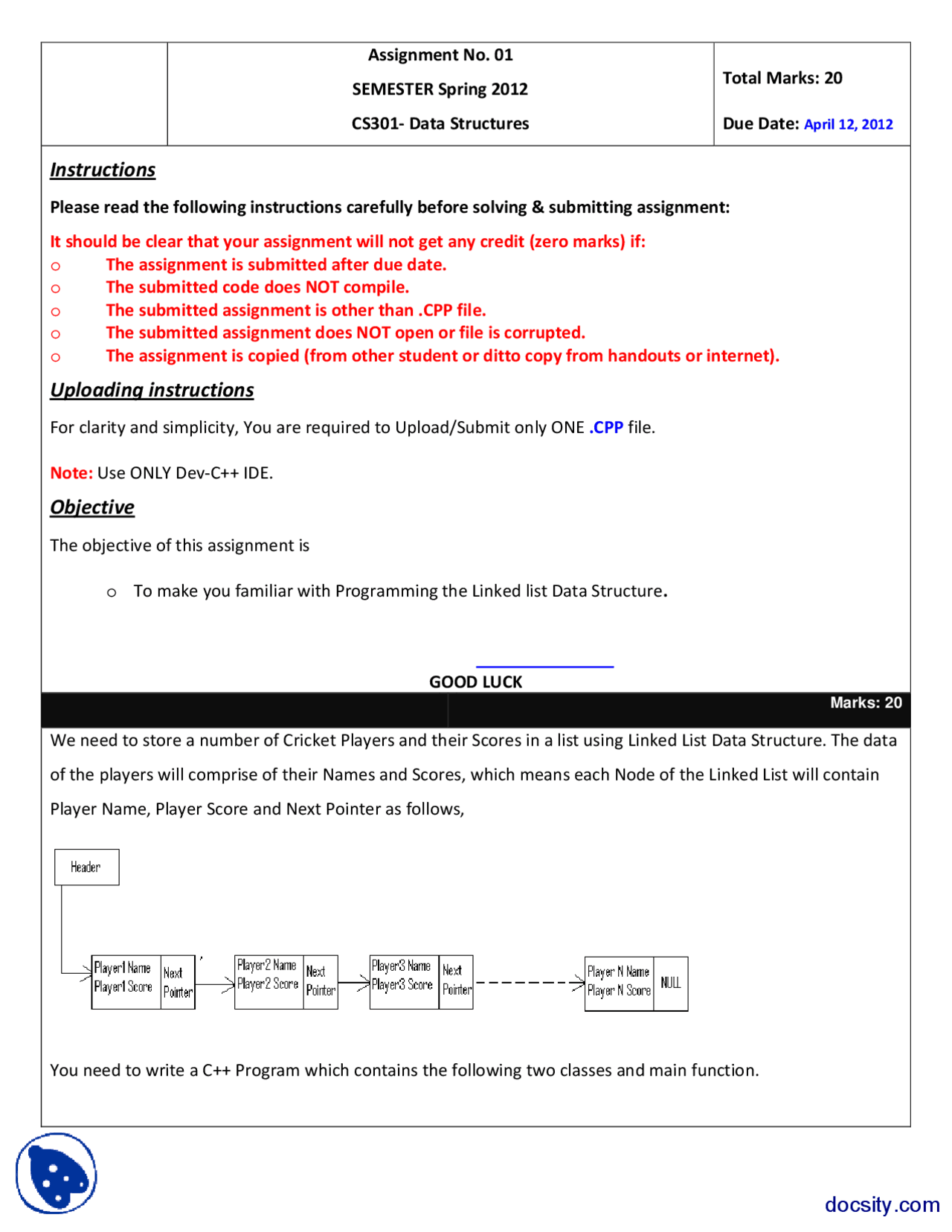 Linked List, Cricket Players-Data Structure-Assignment - Docsity