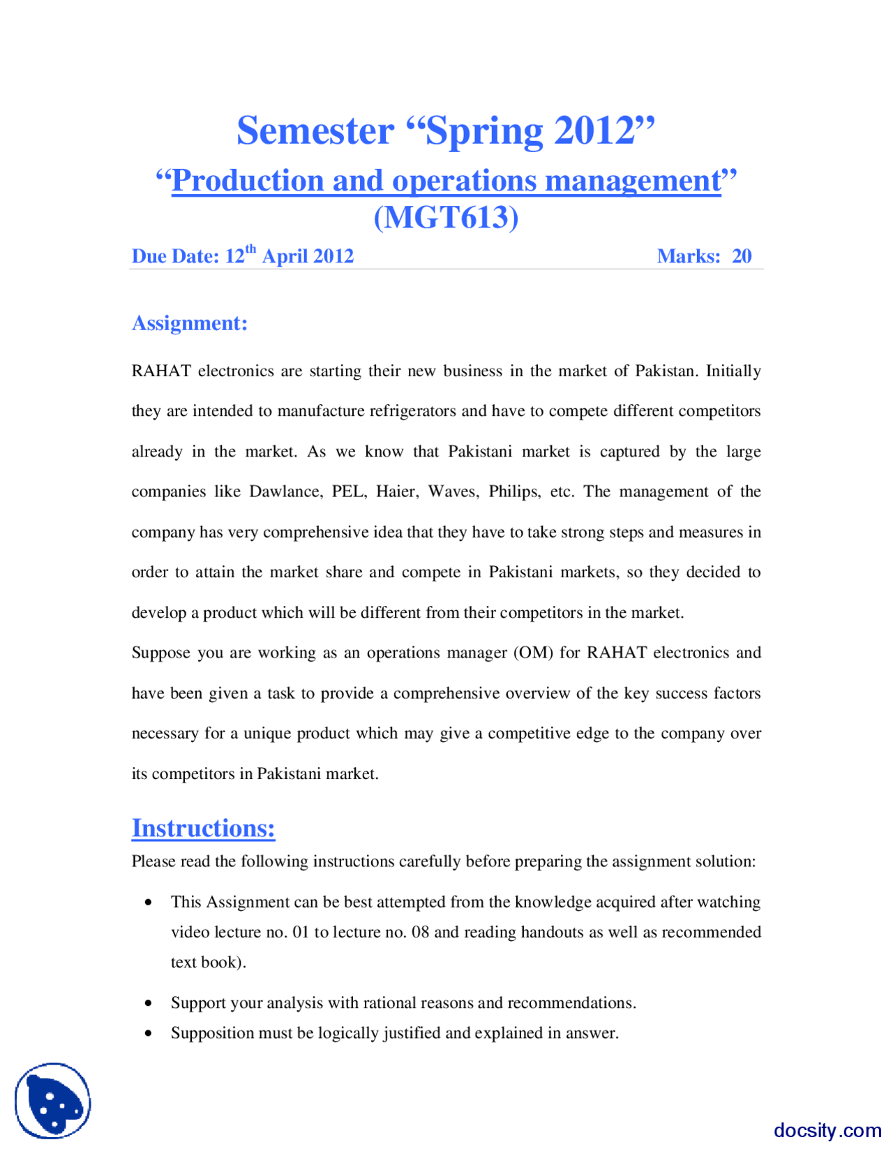 Production And Operations Management Management Assignment Docsity
