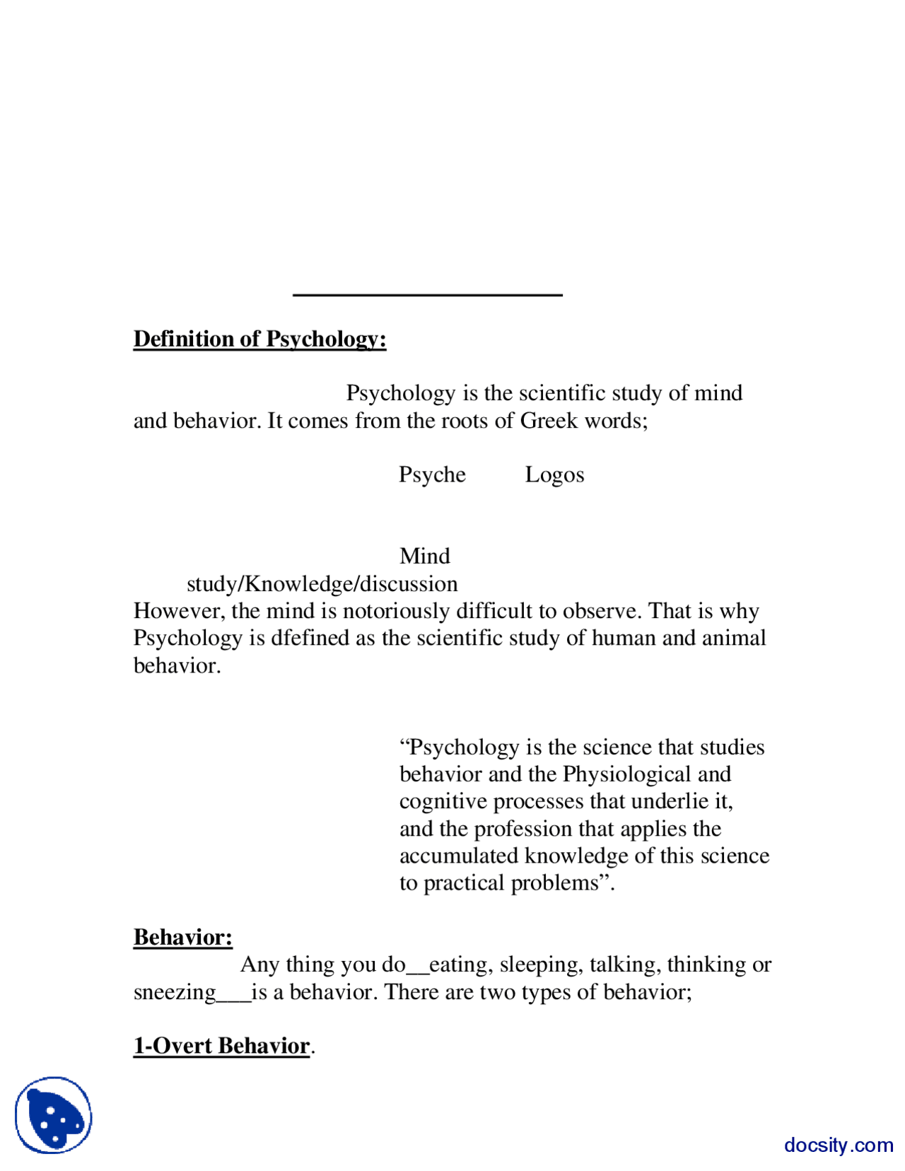 Introduction To Psychology Phsycology Lecture Handout Docsity